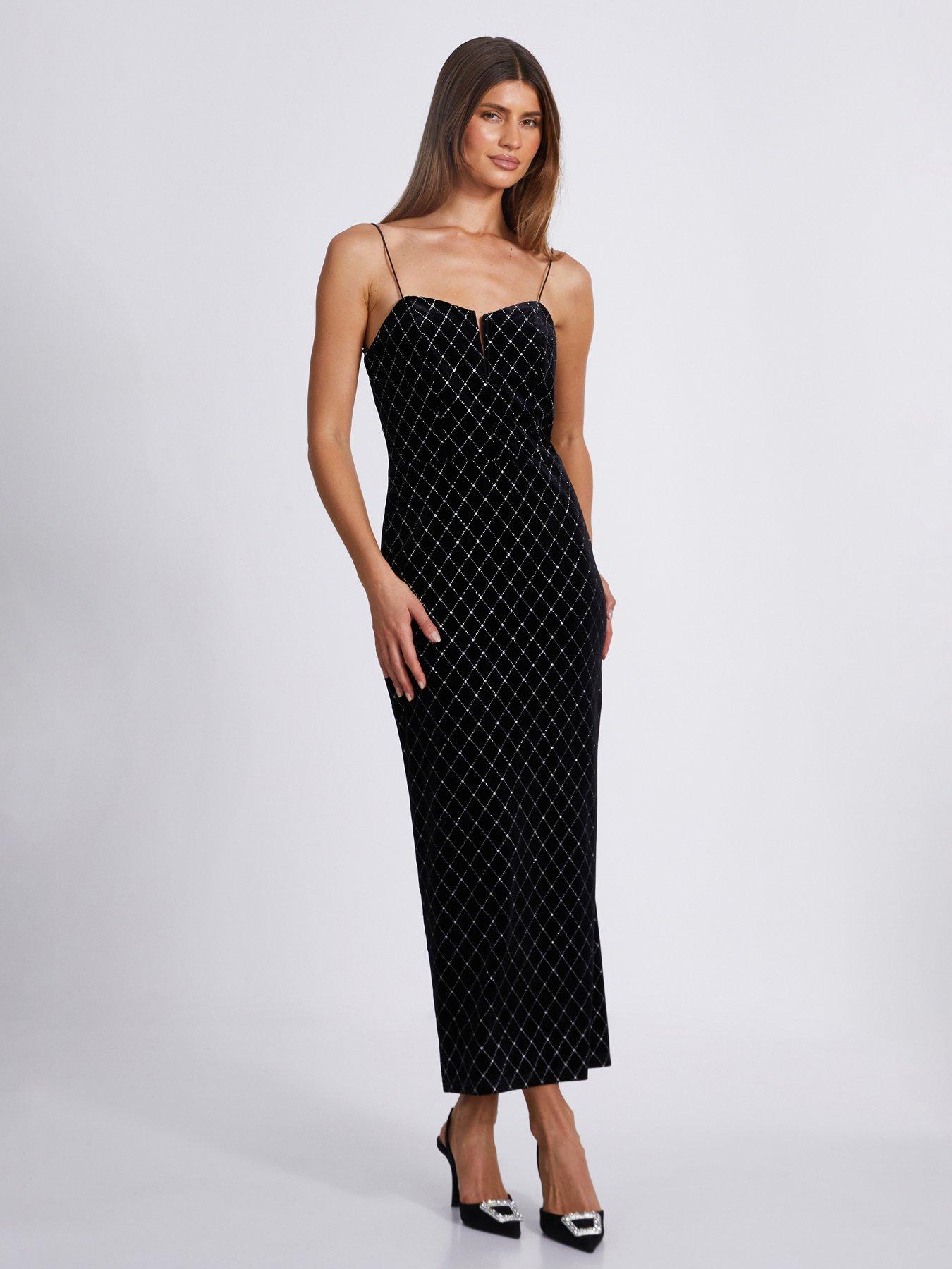 Quiz Black Velvet Diamante Midi Dress | Very