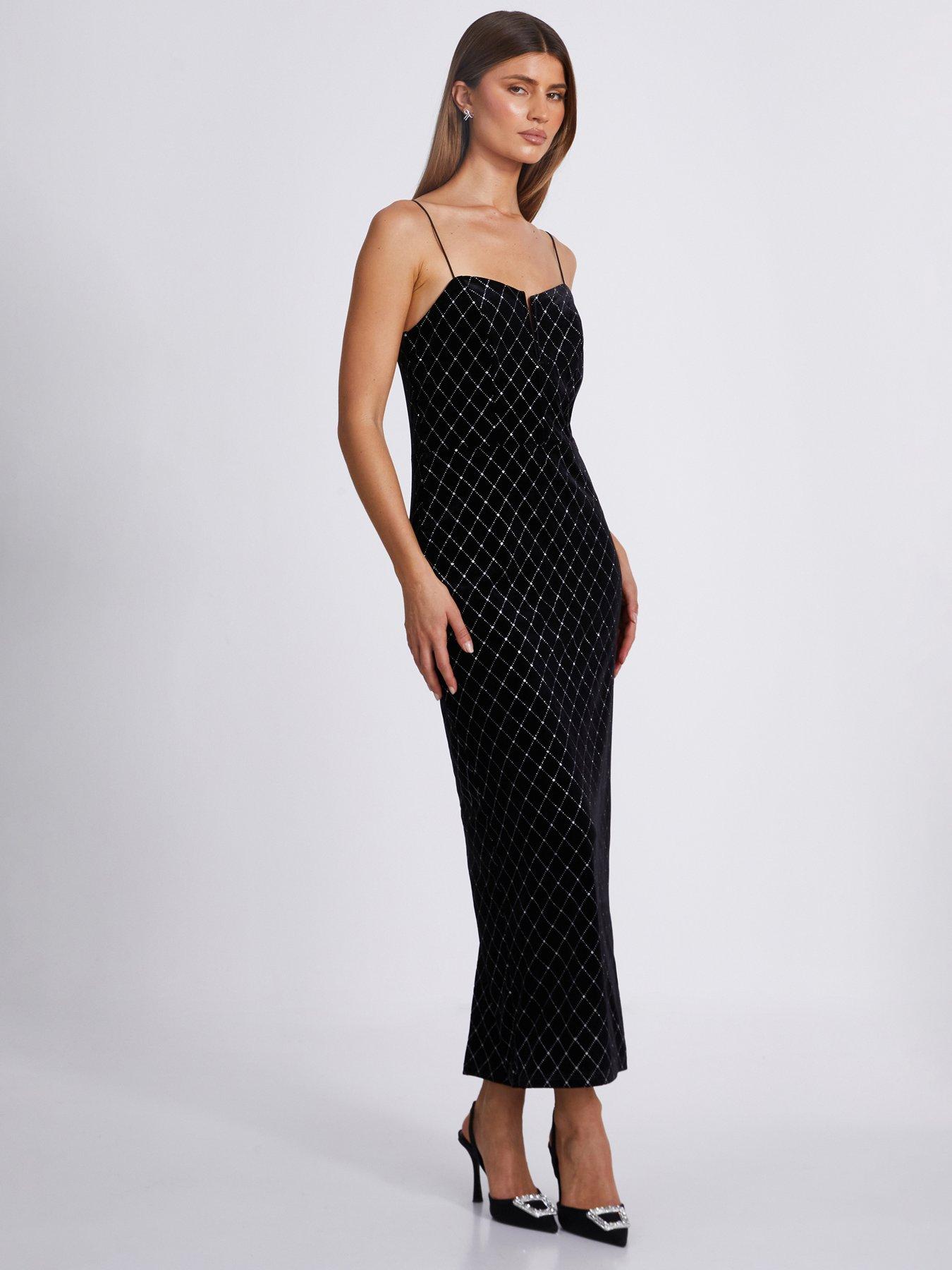 Quiz Black Velvet Diamante Midi Dress | Very