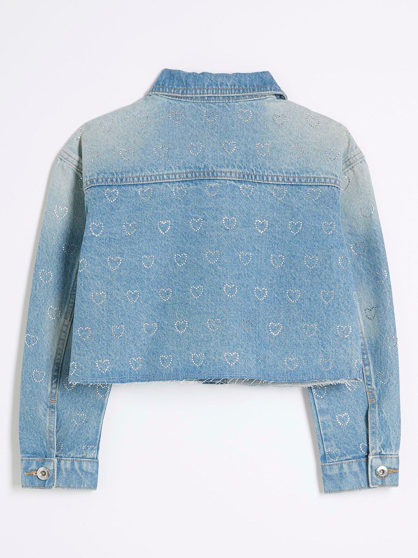 River Island Girls Rhinestone Denim Heart Jacket - Mid Blue | Very
