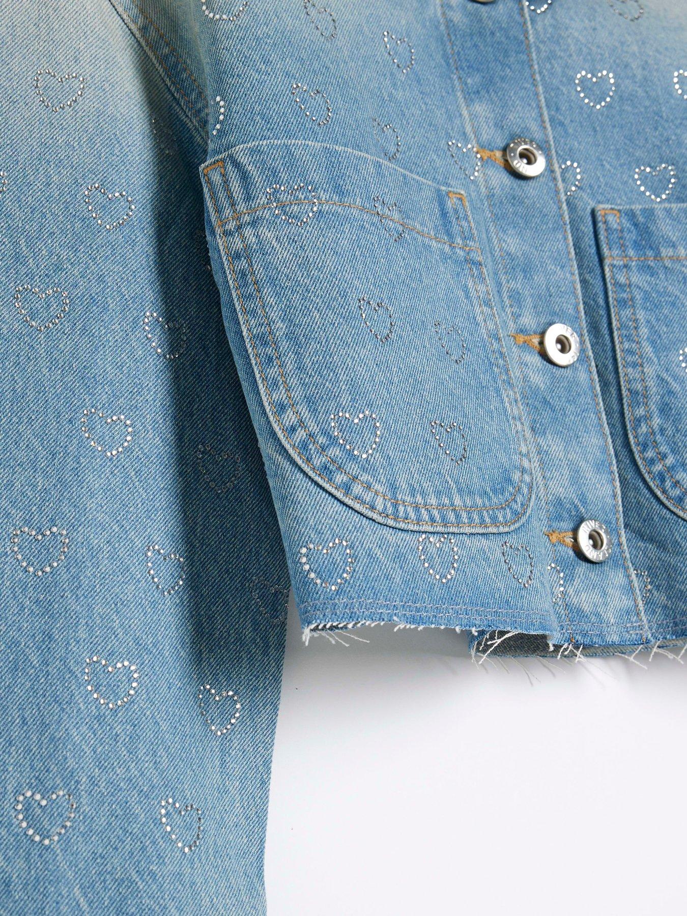 River Island Girls Rhinestone Denim Heart Jacket - Mid Blue | Very
