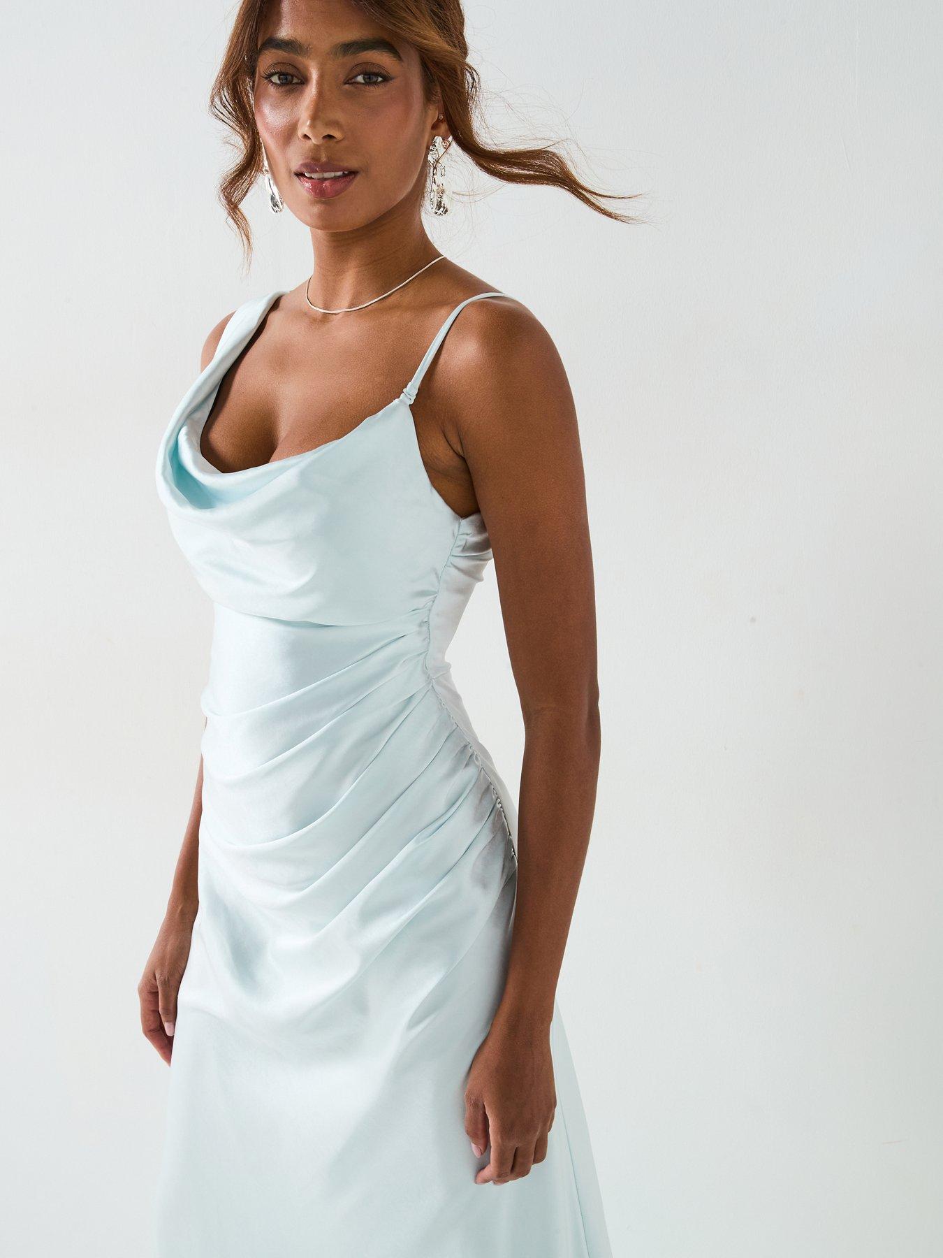 Six Stories Cowl Front Asymmetrical Satin Bridesmaid Dress - Ice Blue ...