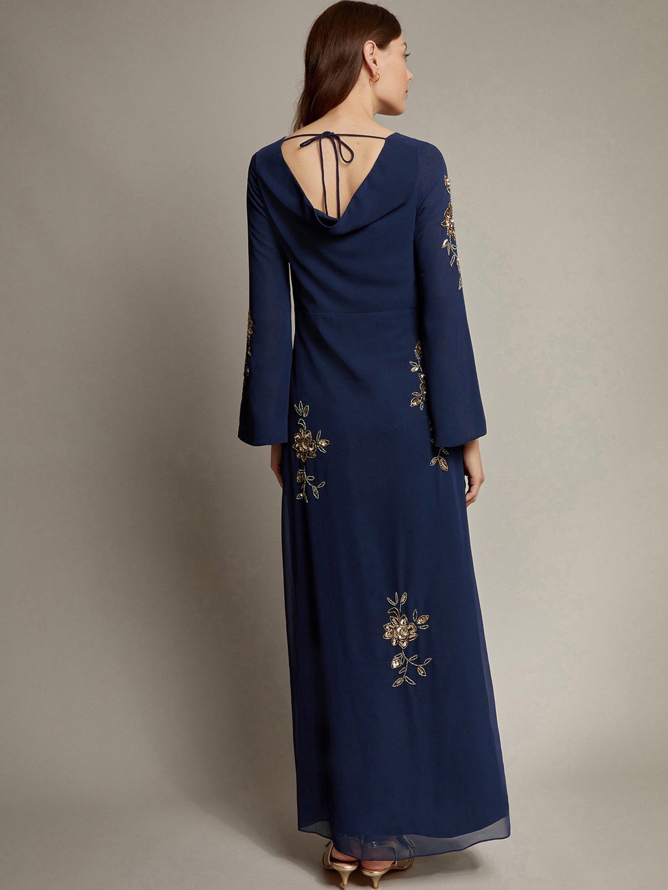 Monsoon Long Sleeve Sarah Embellished Dress - Blue | Very