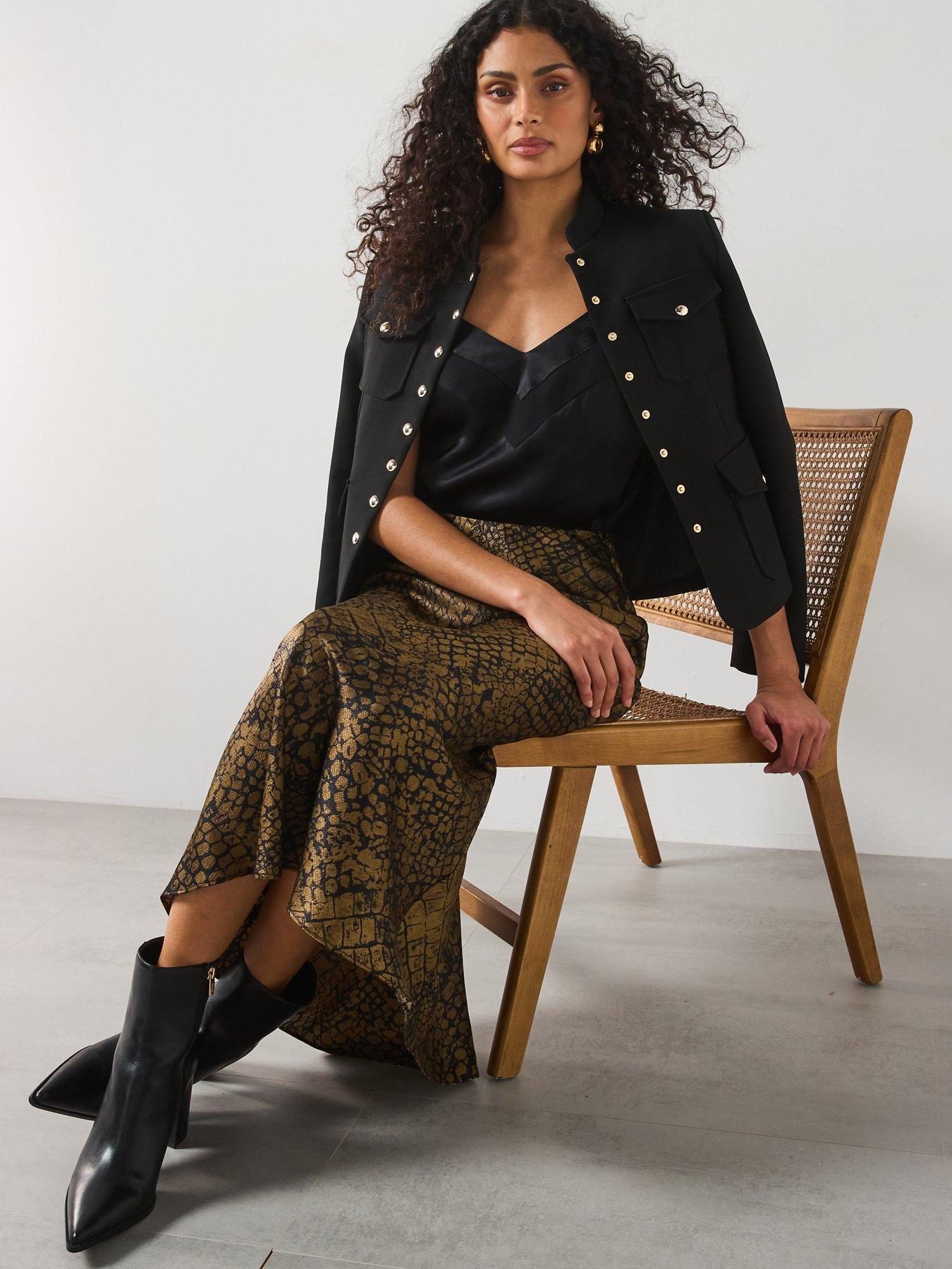 Mango Croc Print Satin Midi Skirt - Brown | Very