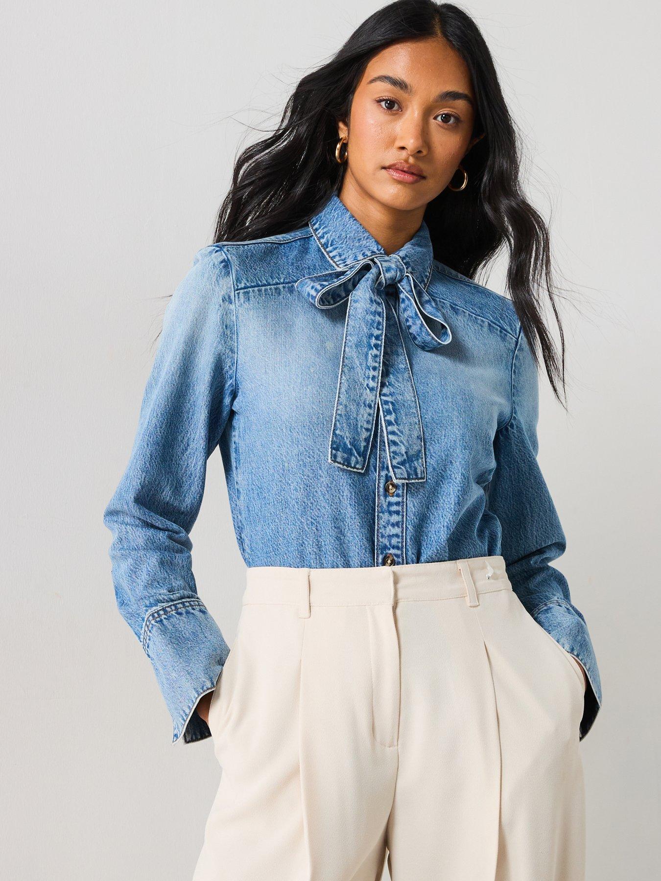 Mango Denim Tie Neck Shirt - Blue | Very