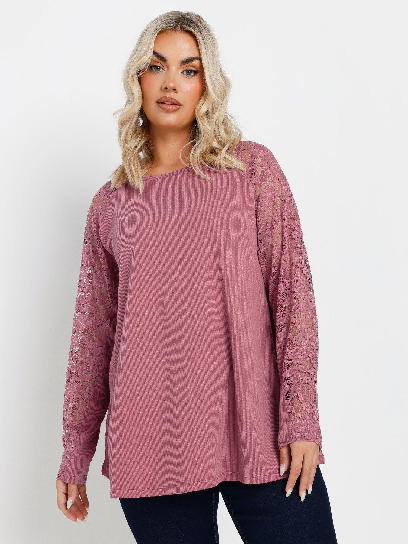 Yours Curve Raglan Lace A-Line T-Shirt - Pink | Very