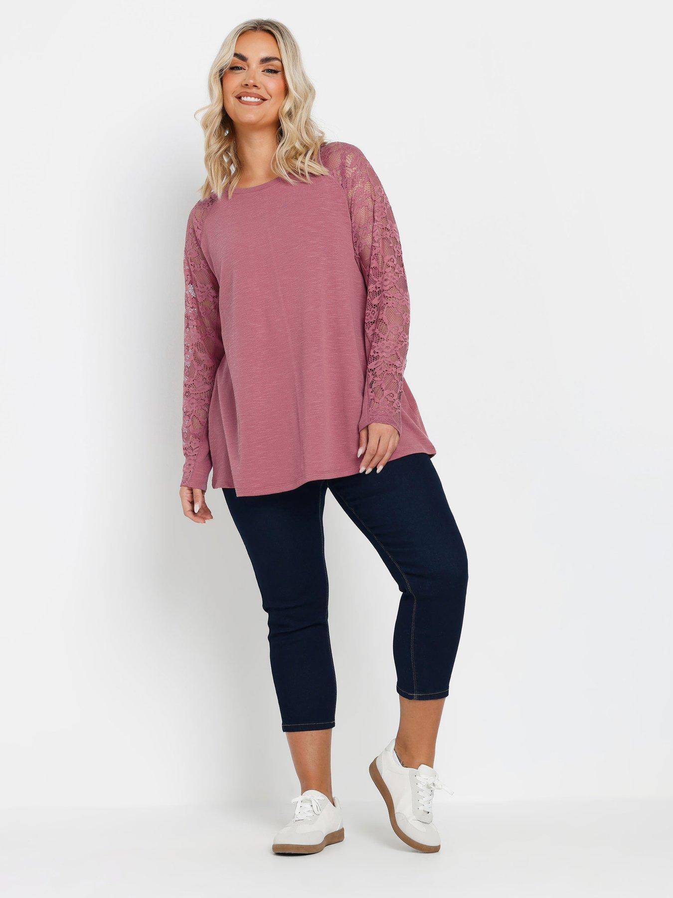 Yours Curve Raglan Lace A-Line T-Shirt - Pink | Very