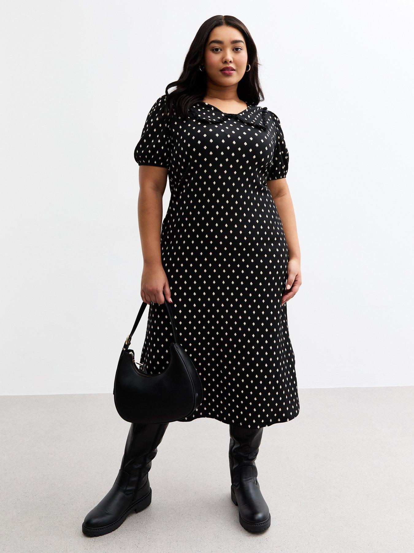 New Look Curves Black Crinkle Texture Spotty Midi Dress | Very