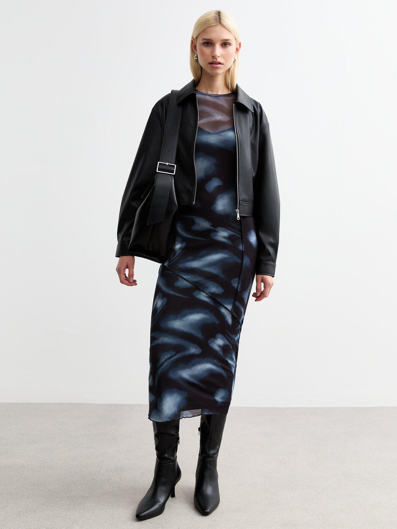 New Look Blue Blur Print Exposed Seam Mesh Midi Dress | Very