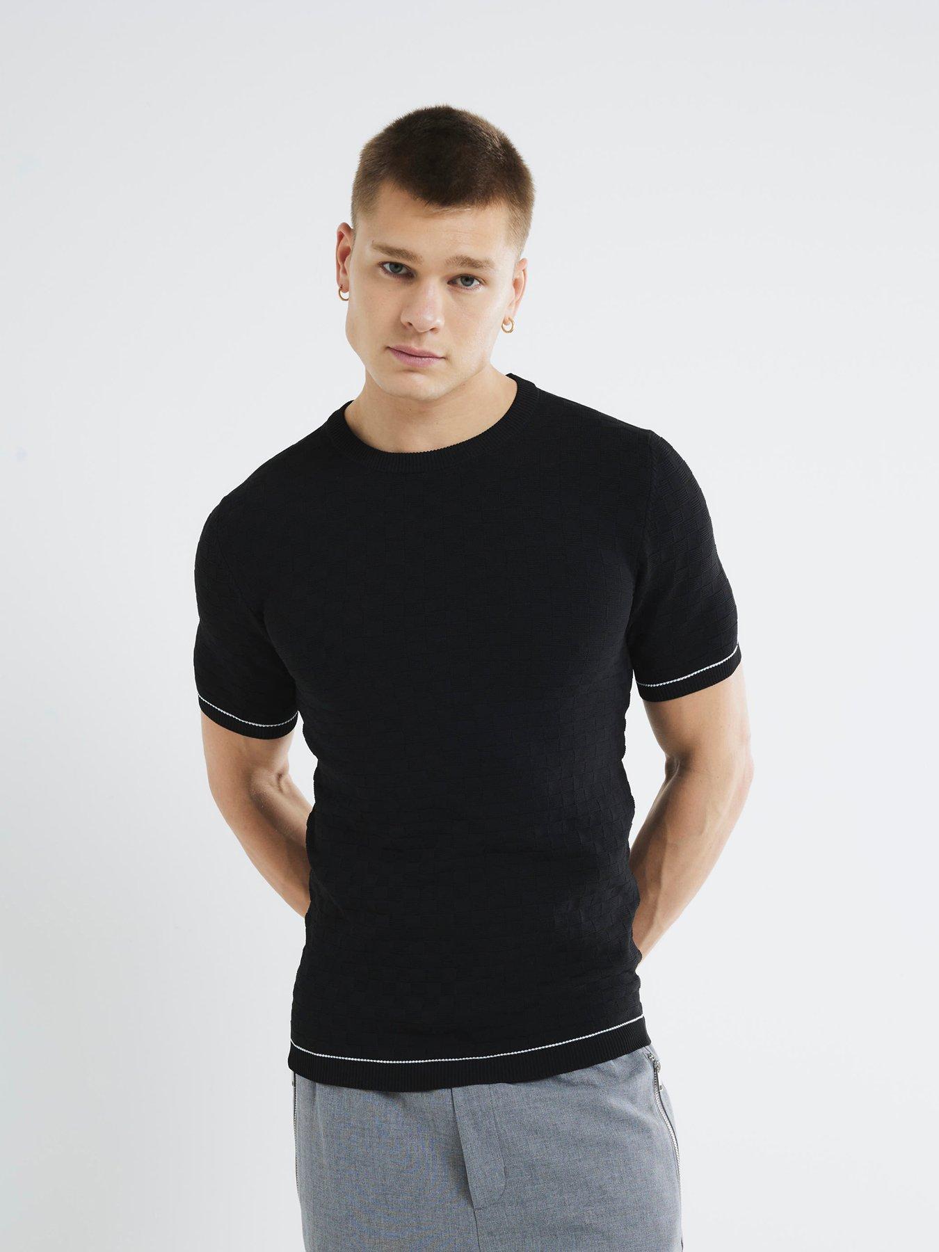 River Island Short Sleeve Checkerboard Muscle Fit Knitted T-Shirt ...