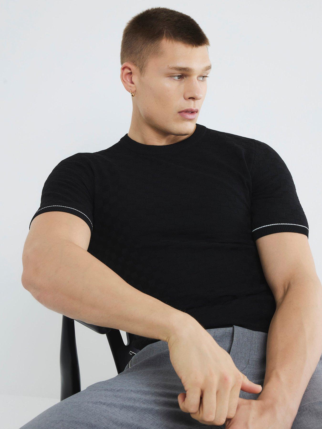 River Island Short Sleeve Checkerboard Muscle Fit Knitted T-Shirt ...
