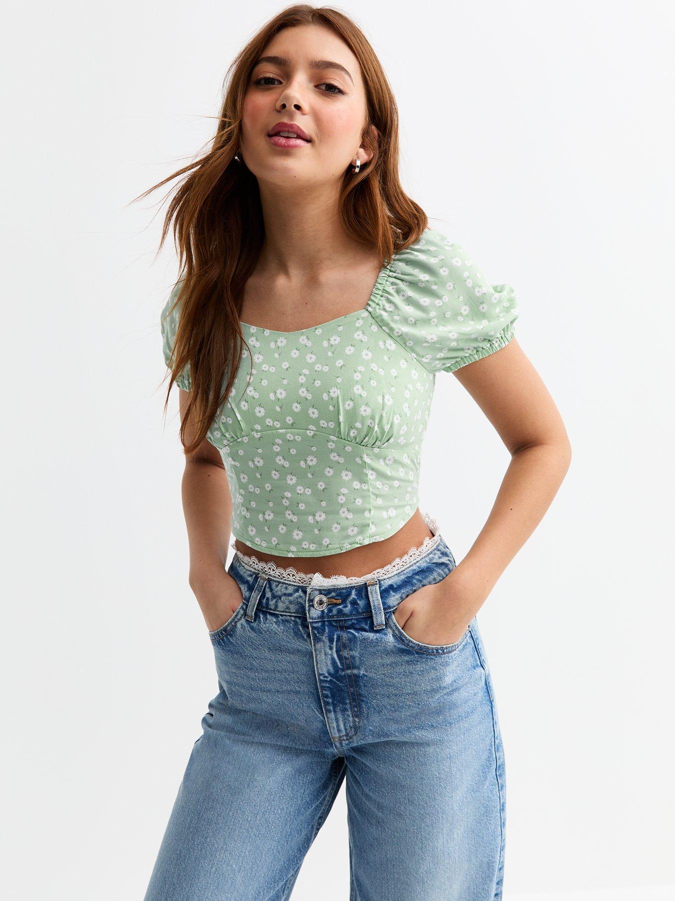 New Look 915 Girls Floral Print Corset Waist Top - Green | Very
