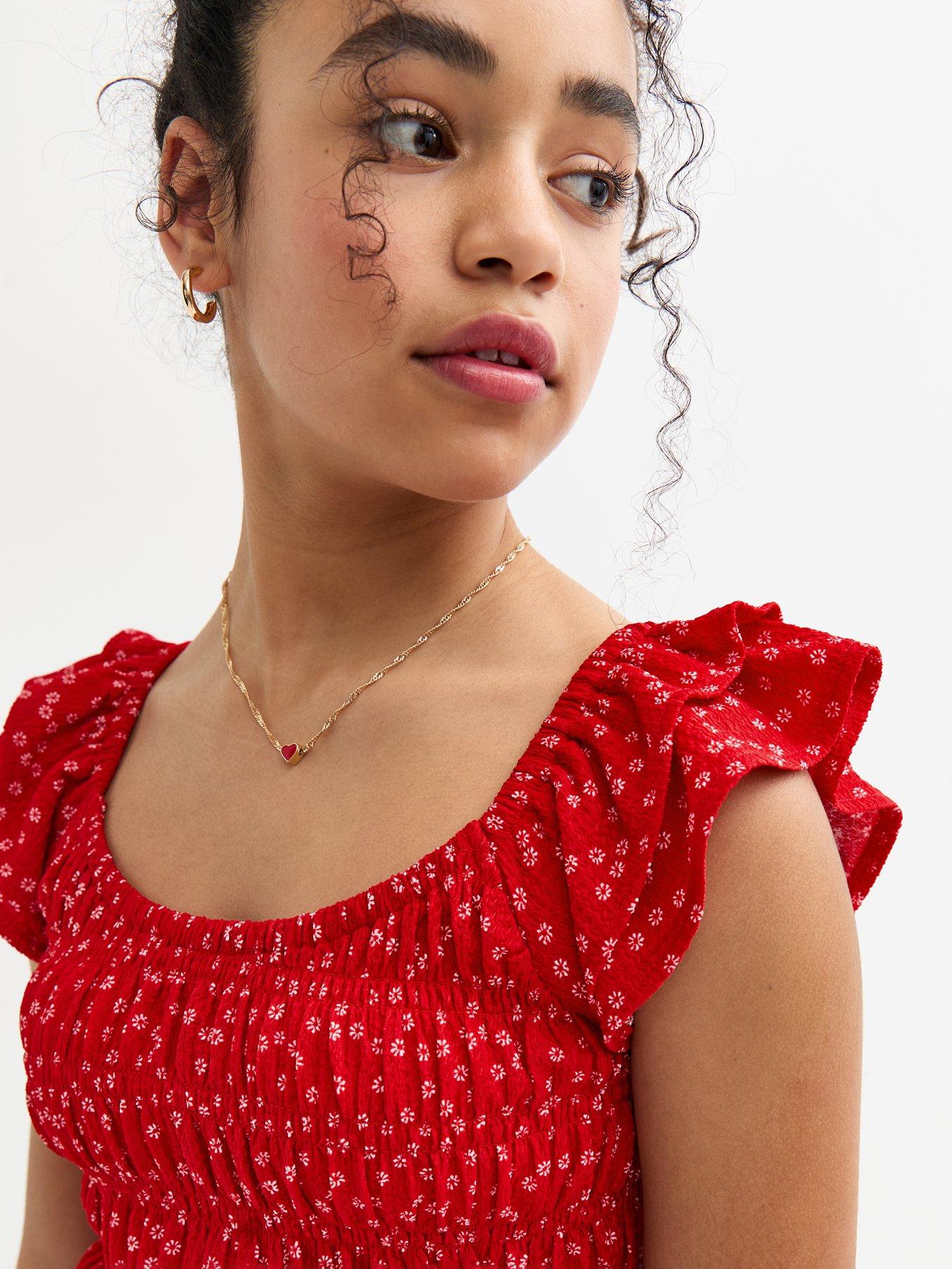 New Look 915 Girls Floral Print Frilly Trim Shir Top - Red | Very