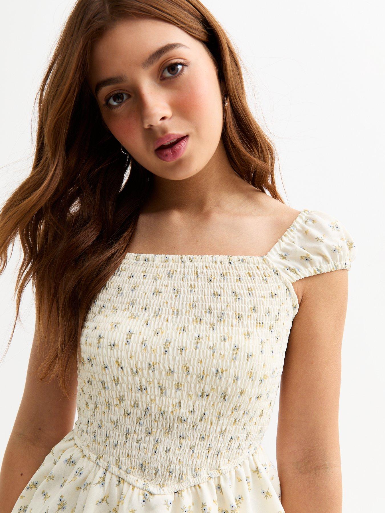 New Look 915 Girls Floral Print Shirred Dress - White | Very