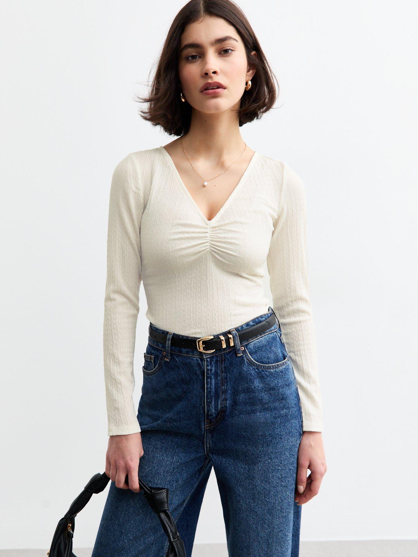New Look Textured V-Neck Top - Cream | Very
