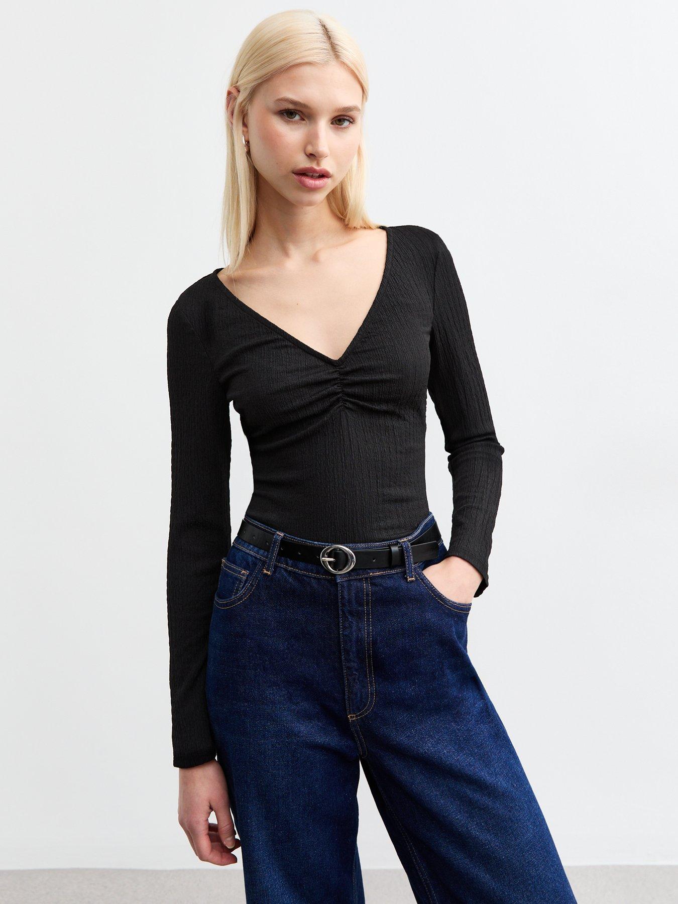 New Look Textured V-Neck Top - Black | Very