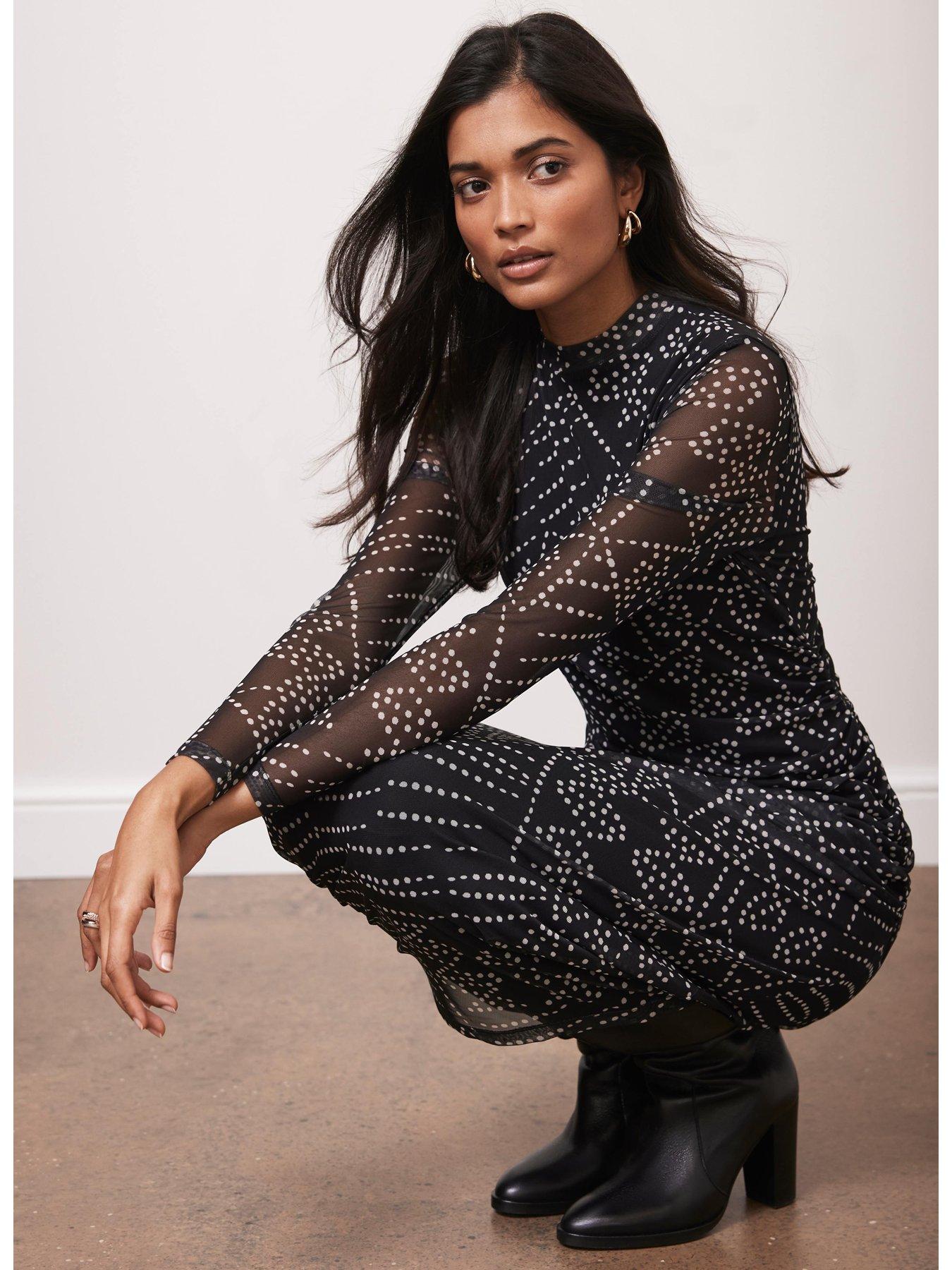 Mint Velvet Spot Print Mesh Midi Dress - Black | Very