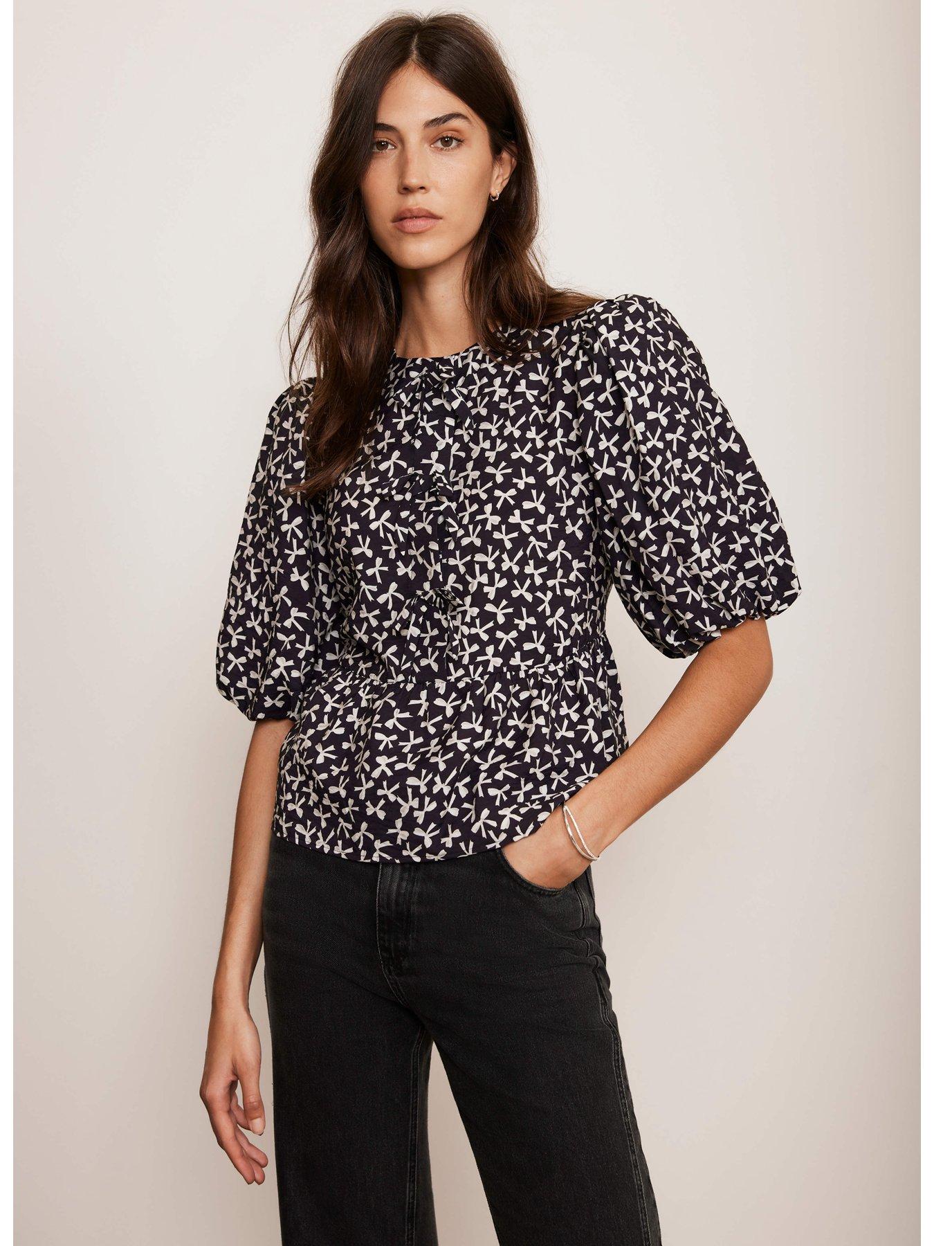 Mint Velvet Bow Print Puff Sleeve Top - Black | Very
