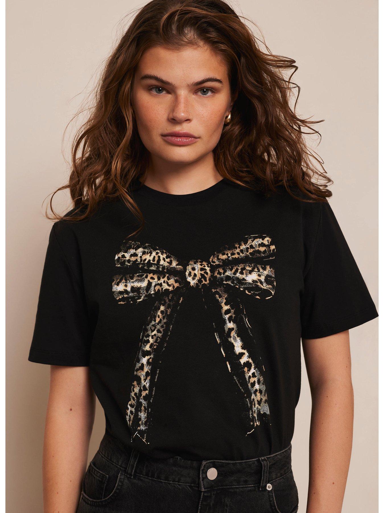 Mint Velvet Leopard Bow T-Shirt - Black | Very