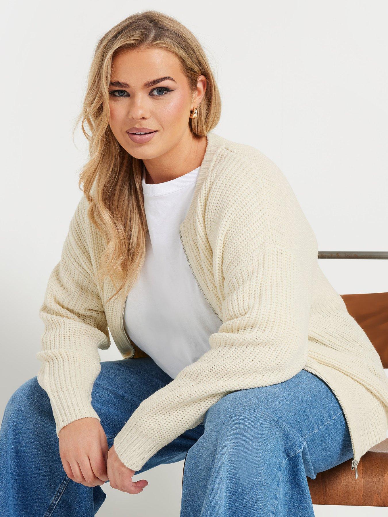 Yours Curve Zip Through Knitted Bomber Jacket - Ivory | Very