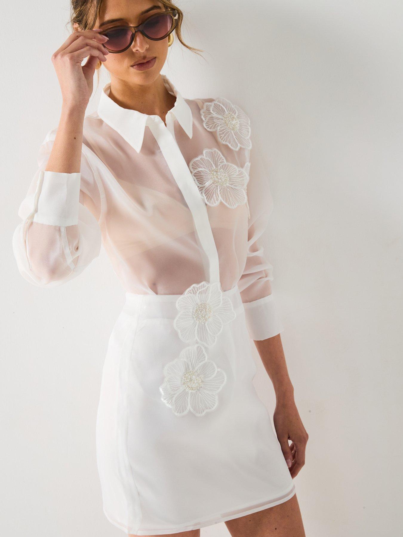 V by Very Sheer 3D Flower Shirt - White | Very