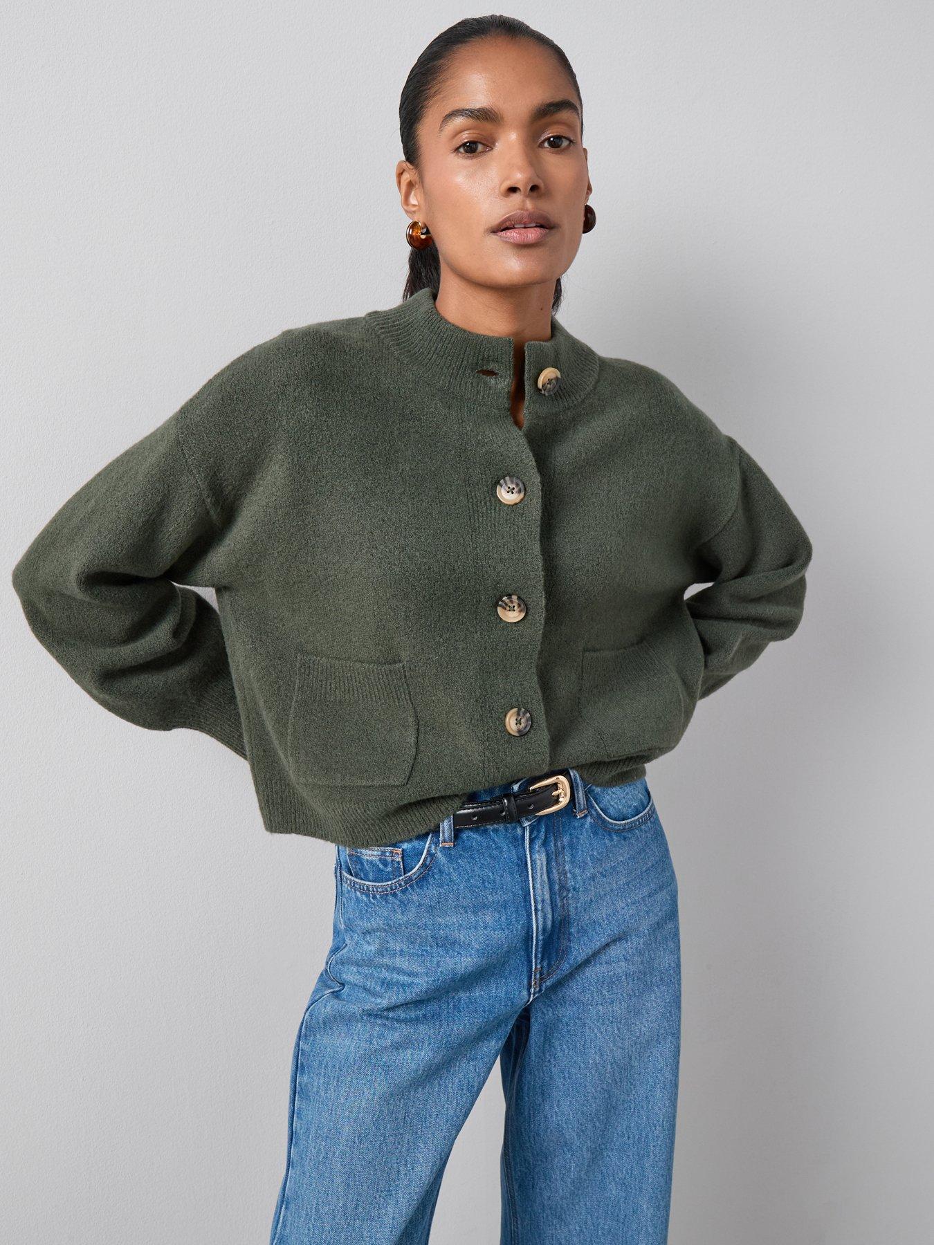 The Very Collection Style Yarn Crew Neck Cardigan With Wool - Green | Very