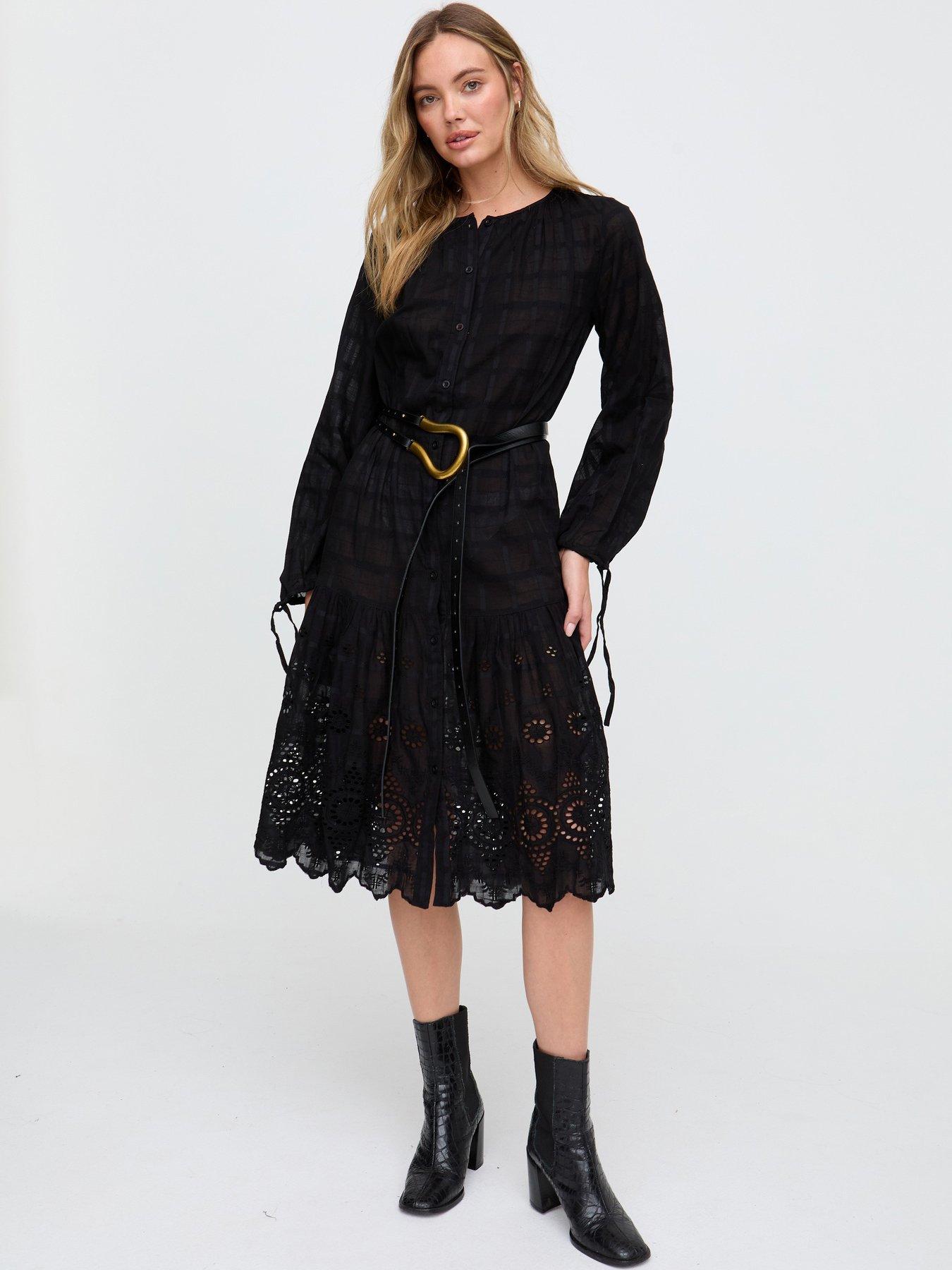 Raffya Olivia Button Down Embroidered Midi Dress - Black | Very