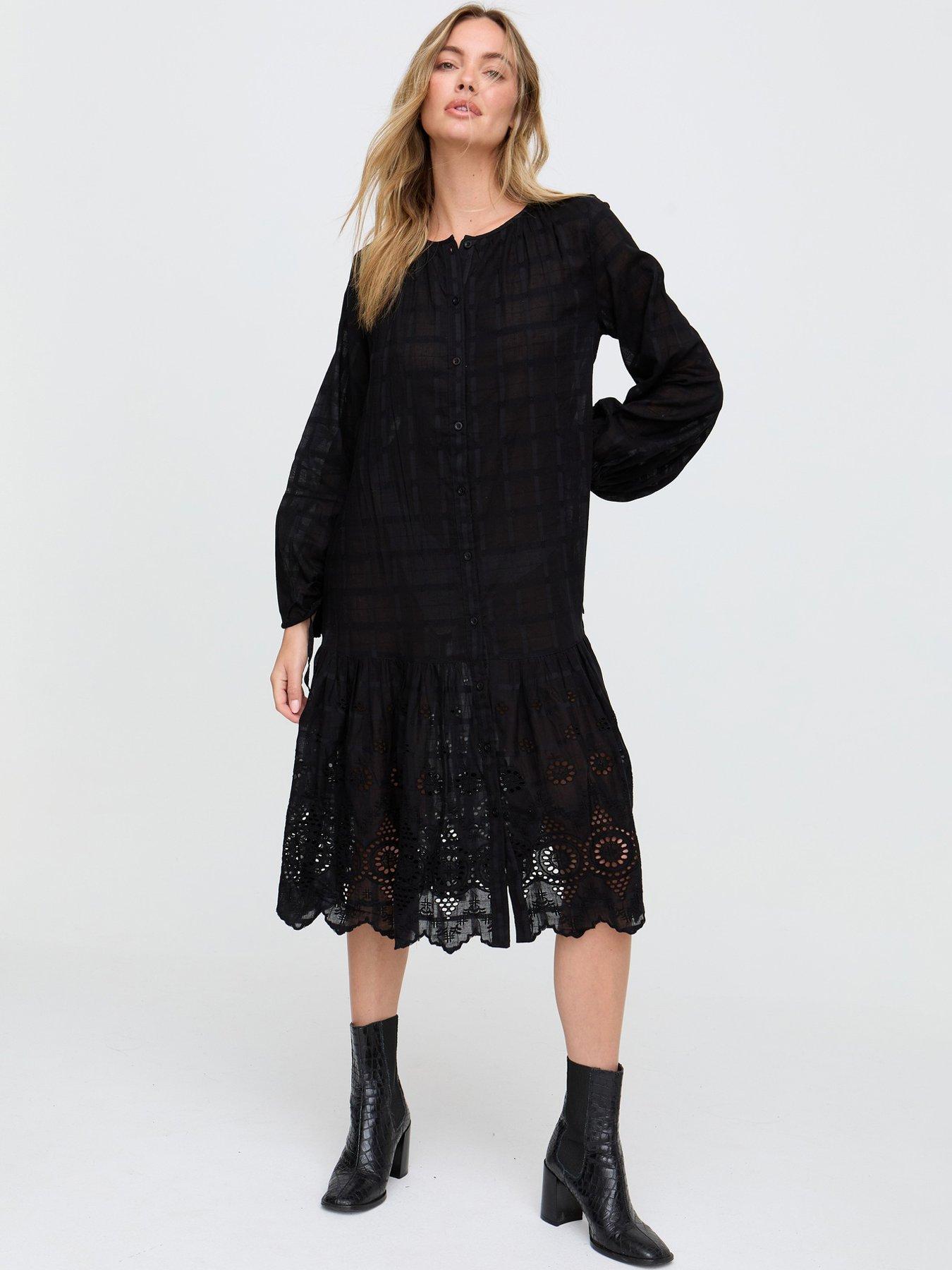 Raffya Olivia Button Down Embroidered Midi Dress - Black | Very