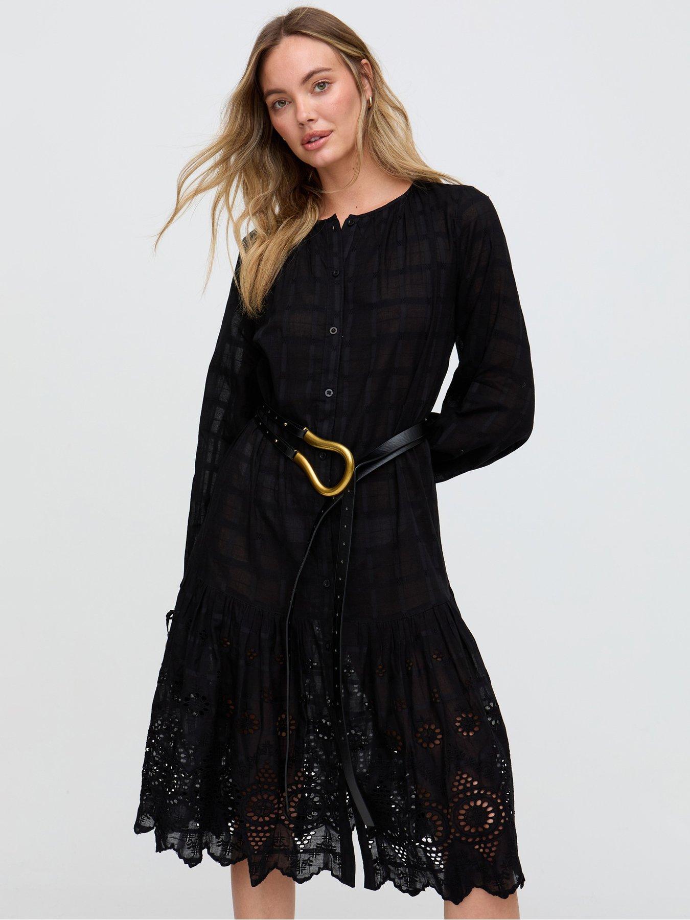 Raffya Olivia Button Down Embroidered Midi Dress - Black | Very