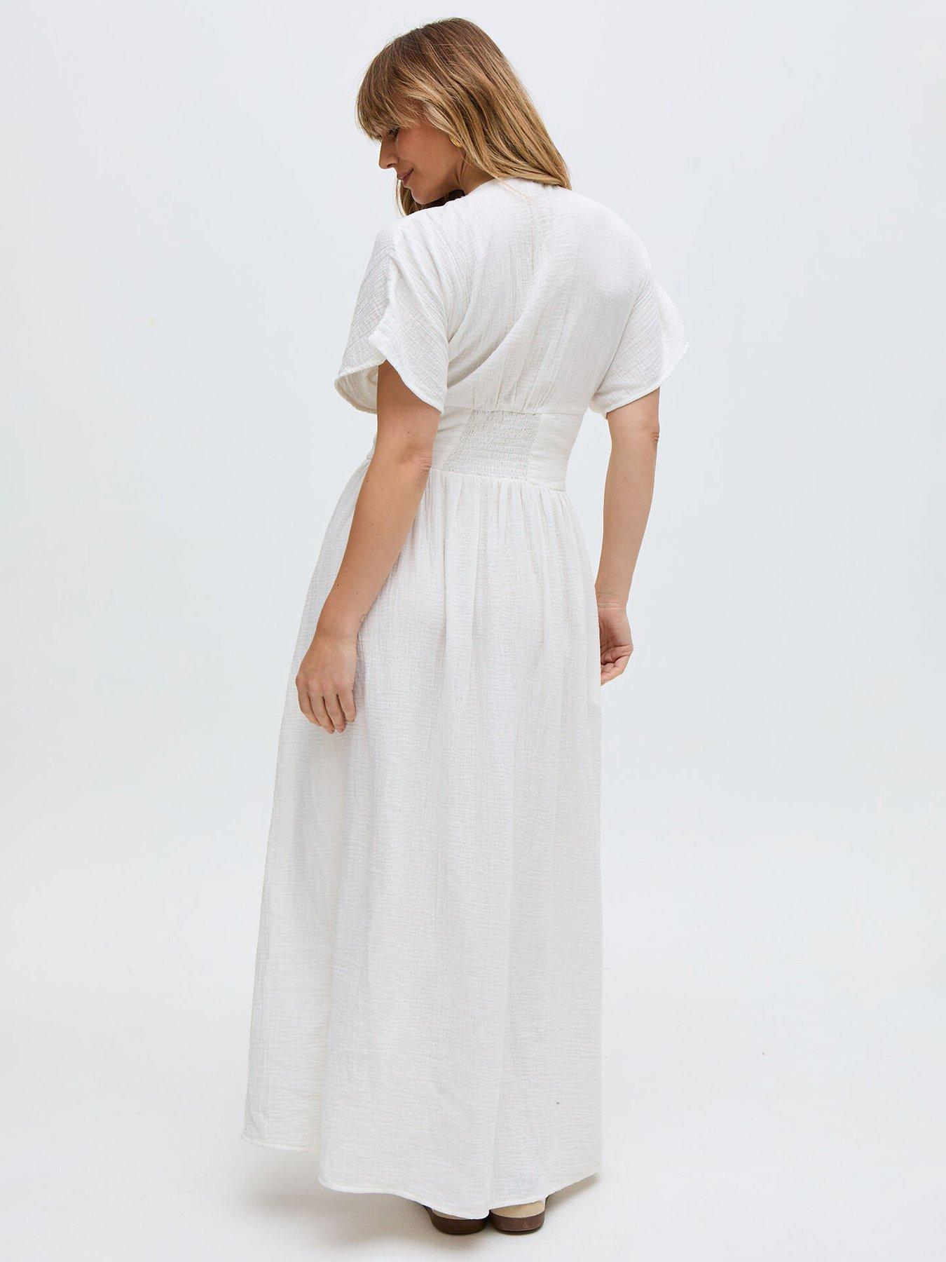 Raffya Sally Ann Button Down Embroidery Maxi Dress - White | Very