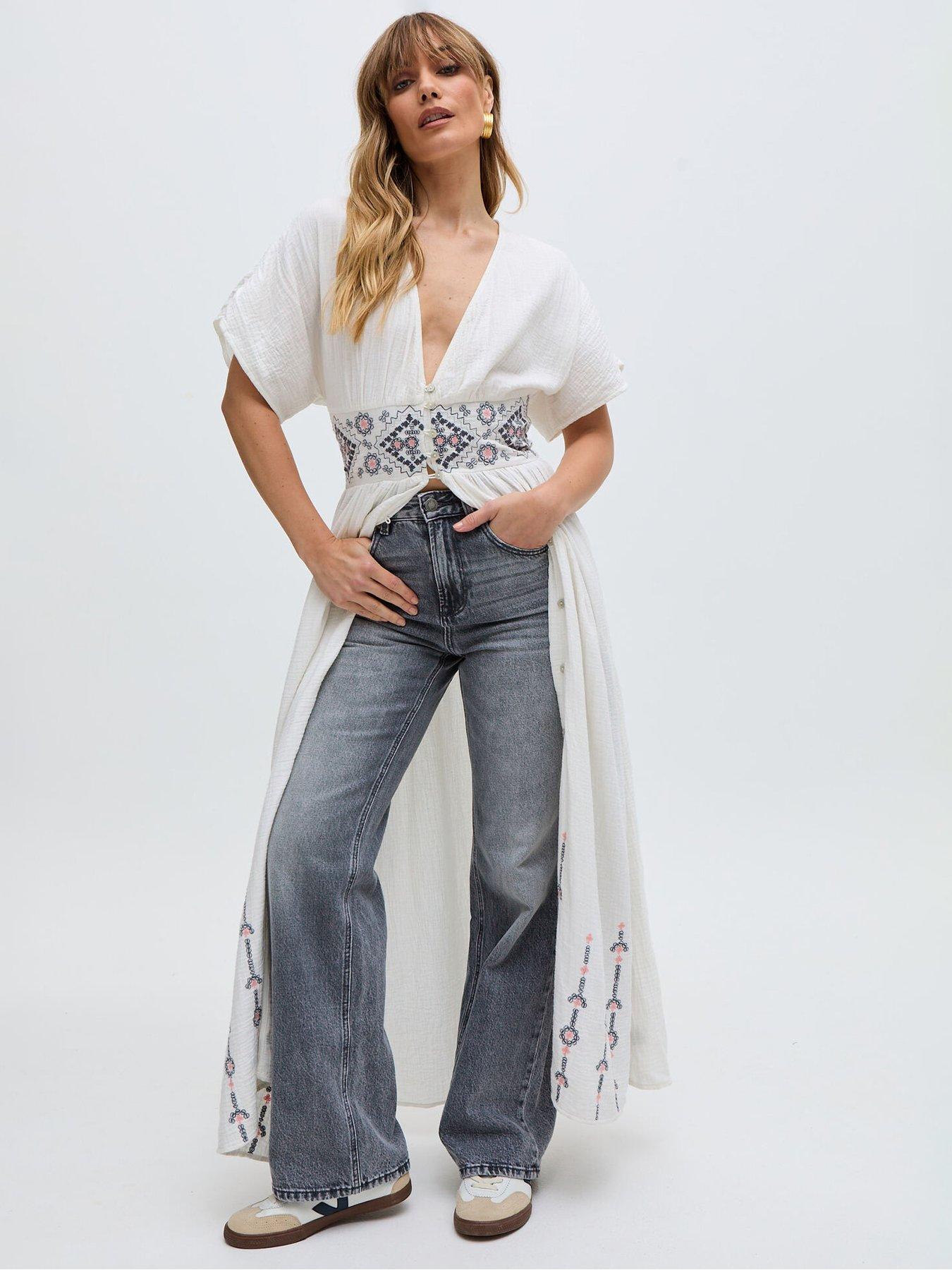 Raffya Sally Ann Button Down Embroidery Maxi Dress - White | Very