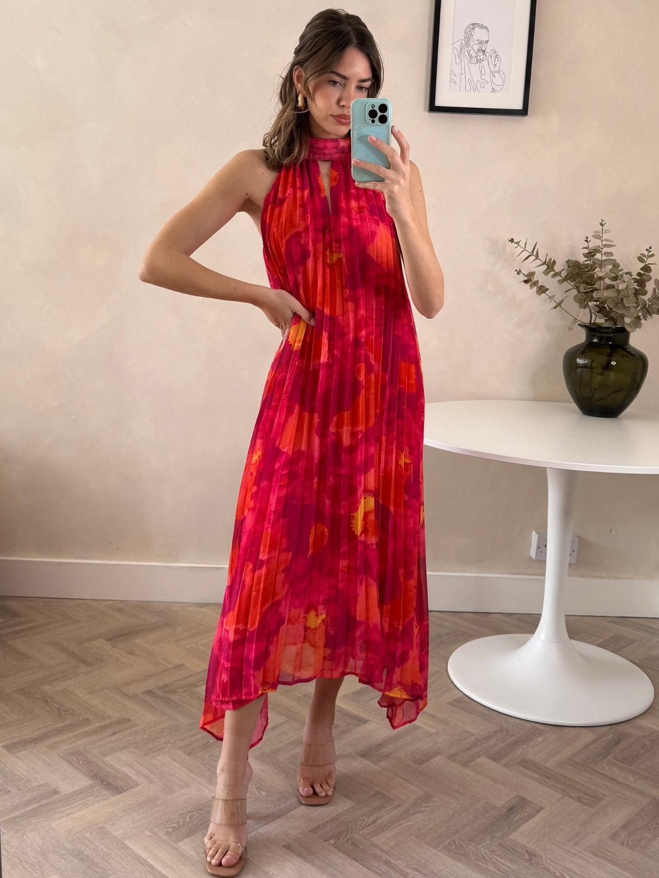 Style Cheat Halter Neck Pleated Trapeze Dress - Pink | Very