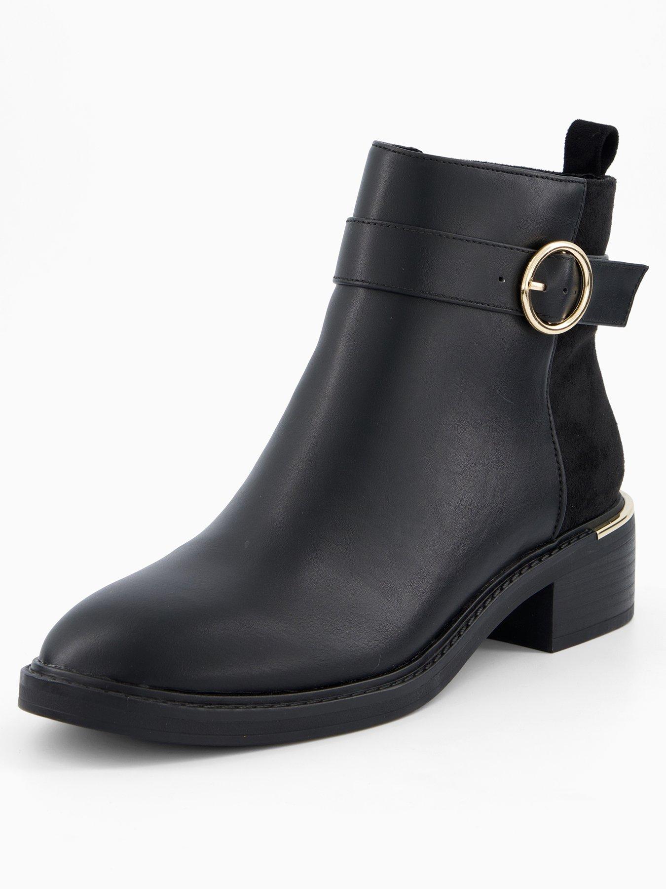 V by Very Wide Fit Buckle Strap Flat Ankle Boot - Black | Very