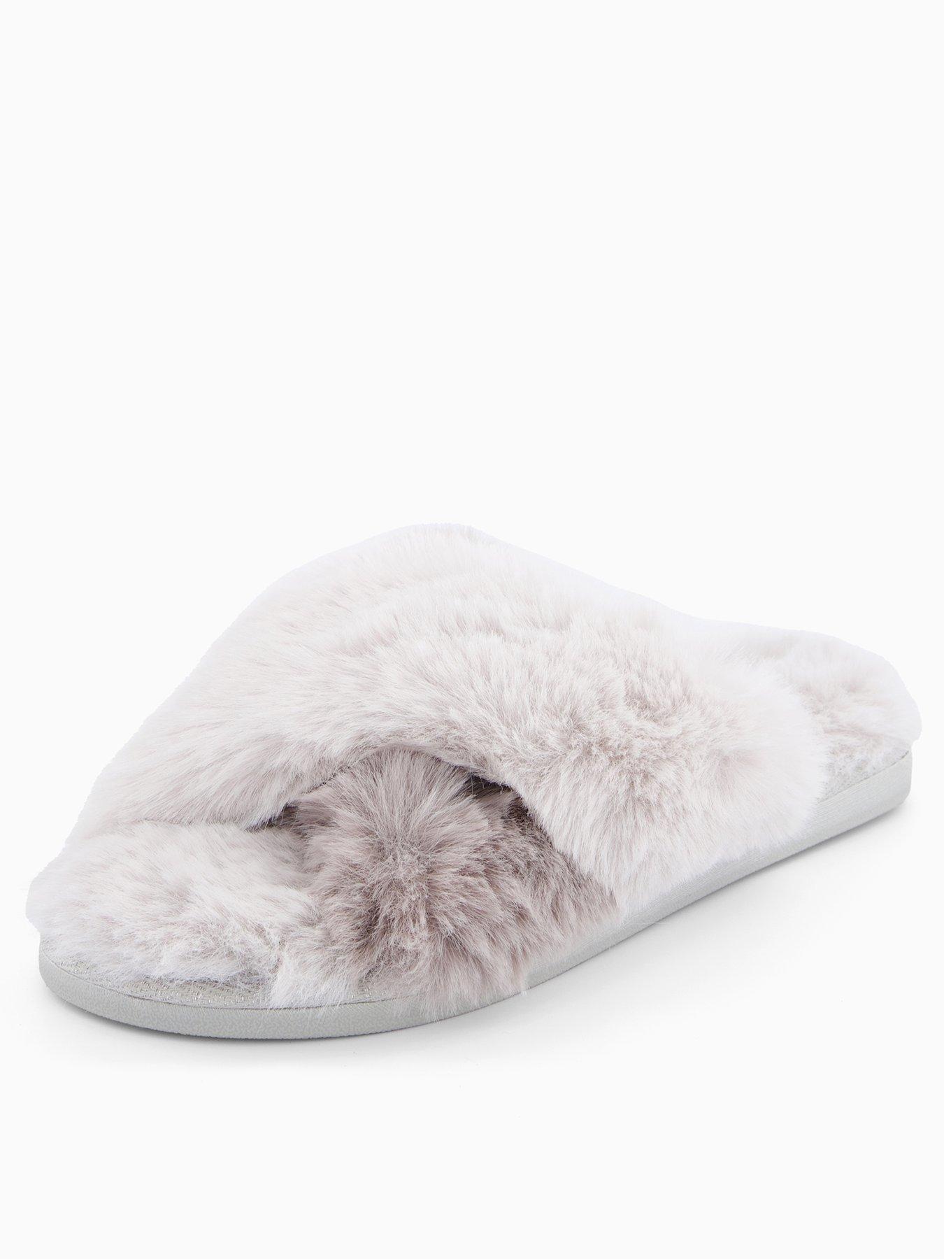 V by Very Fluffy Cross Knot Slider Slippers - Grey | Very