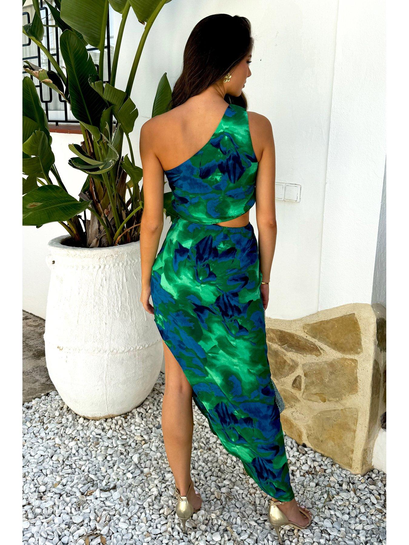AX Paris Abstract Print One Shoulder Asymmetric Midi Dress - Green | Very