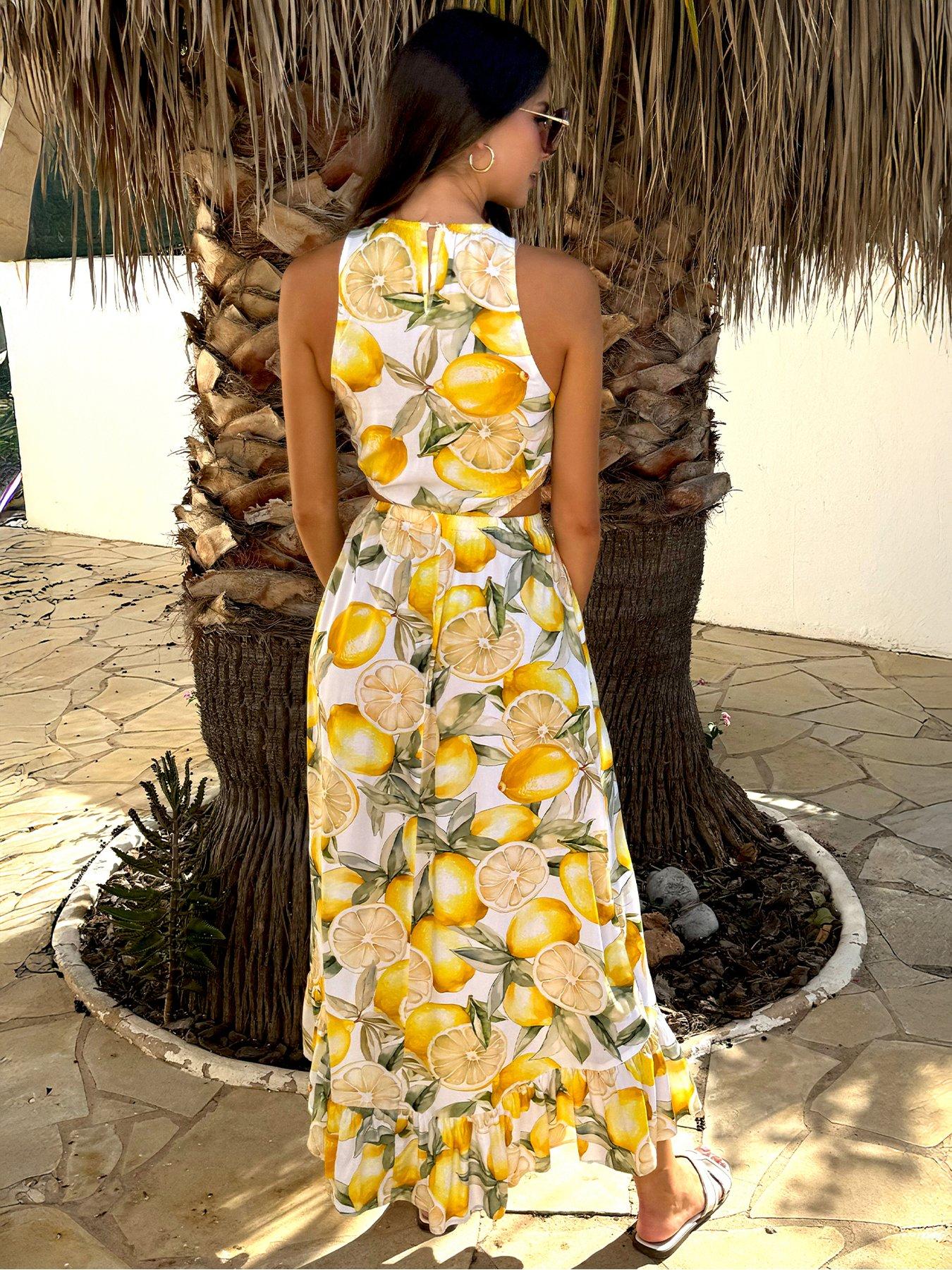 AX Paris Printed Cut Out Midi Dress - Lemon - Yellow | Very