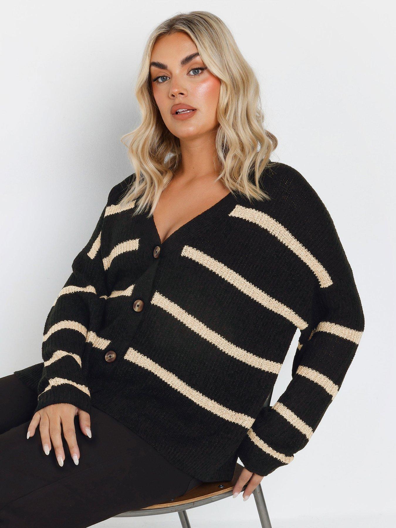 Yours Curve Smiling Yarn Stripe Cardigan - Black | Very