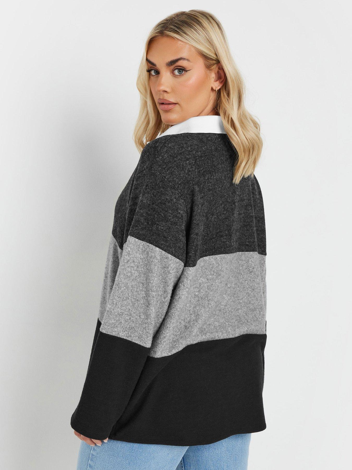 Yours Curve Colour Block Rugby Collar Top - Grey | Very