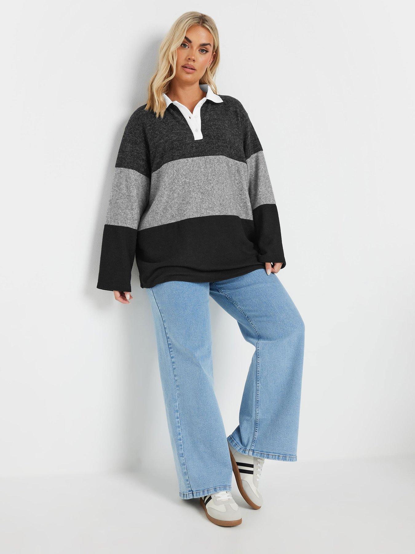 Yours Curve Colour Block Rugby Collar Top - Grey | Very
