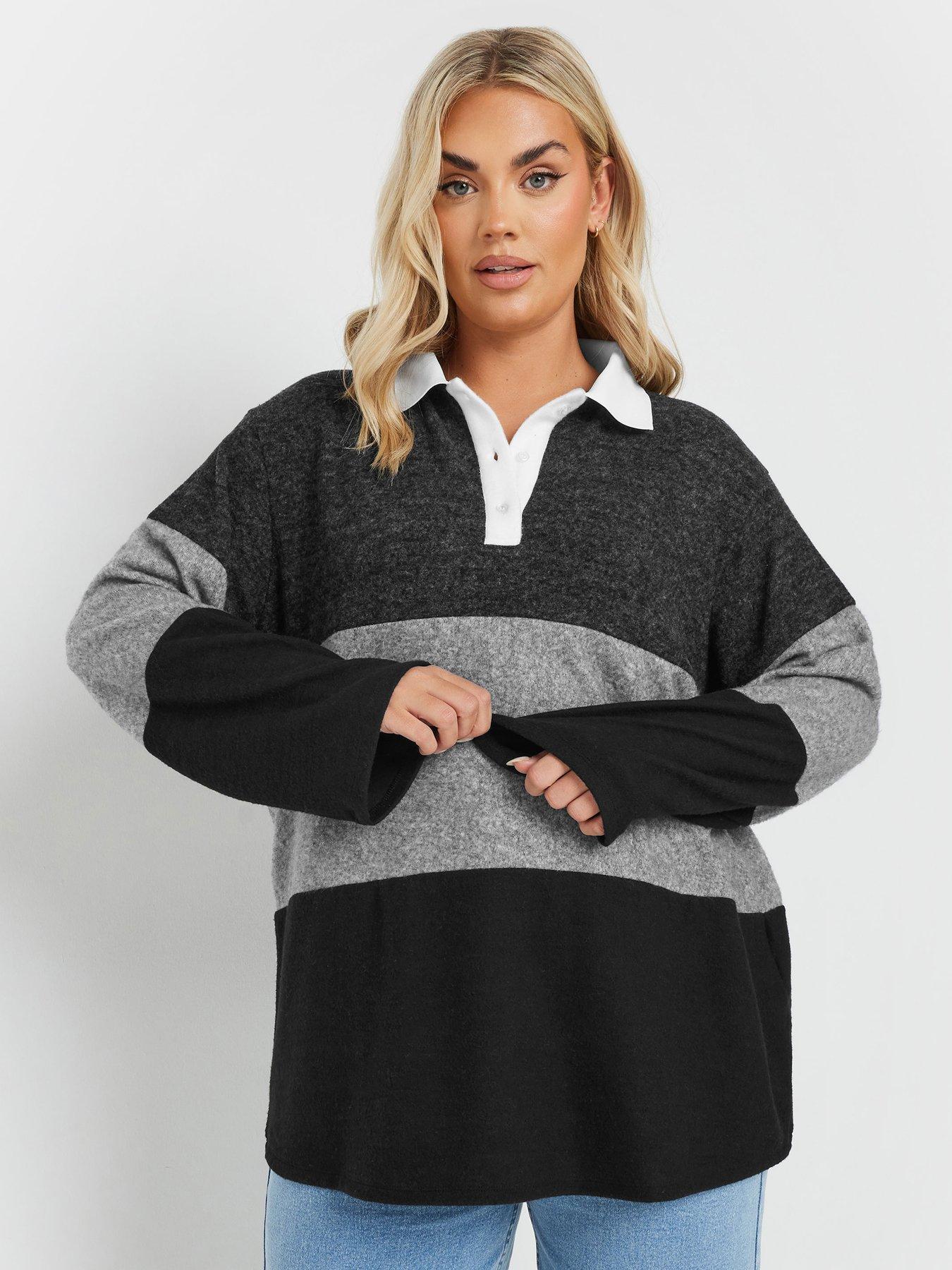 Yours Curve Colour Block Rugby Collar Top - Grey | Very