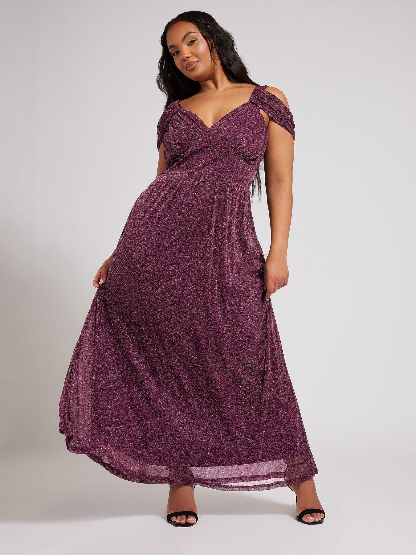 Yours Curve Metallic Mesh Cold Shoulder Dress - Purple | Very