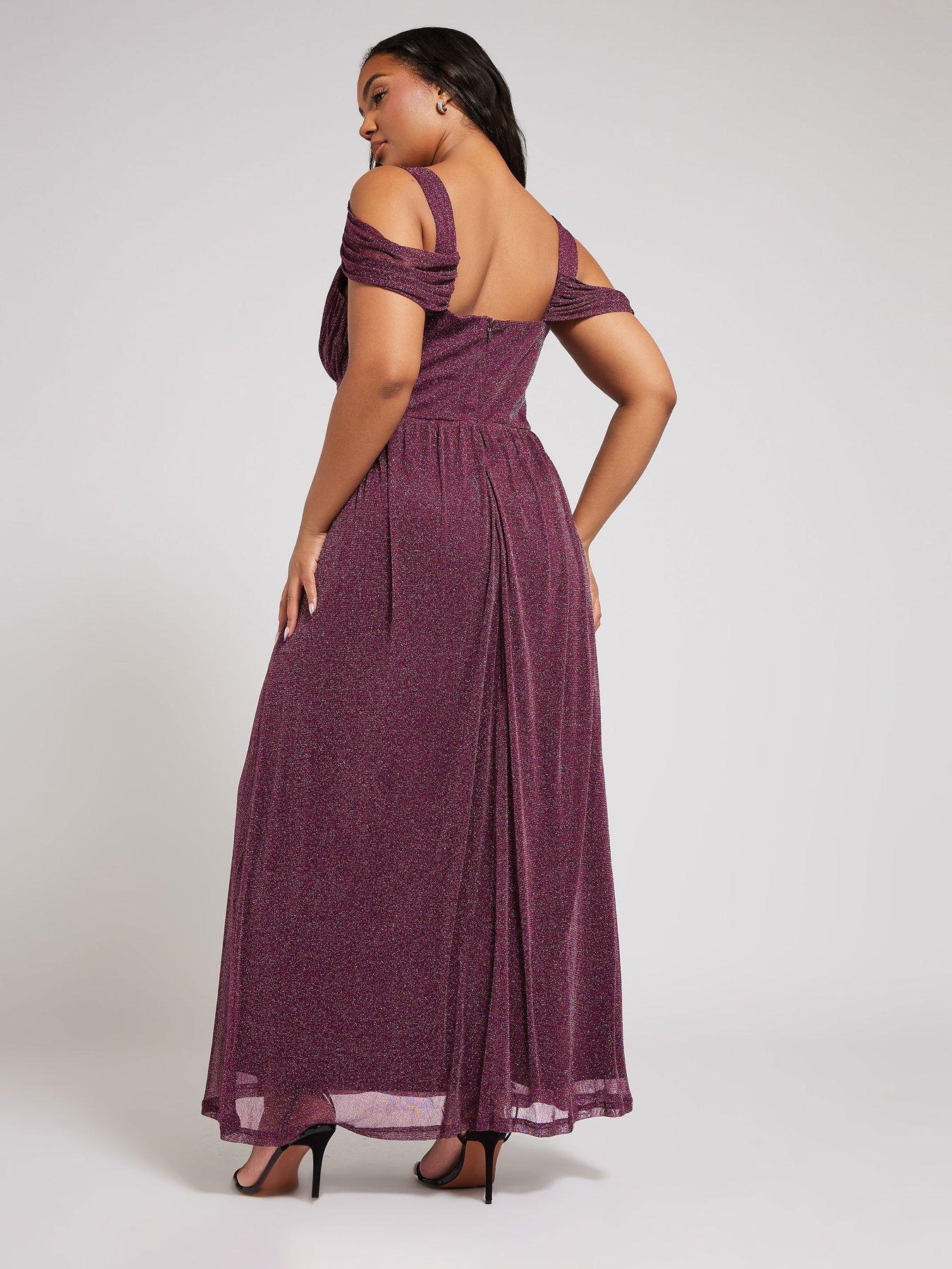 Yours Curve Metallic Mesh Cold Shoulder Dress - Purple | Very