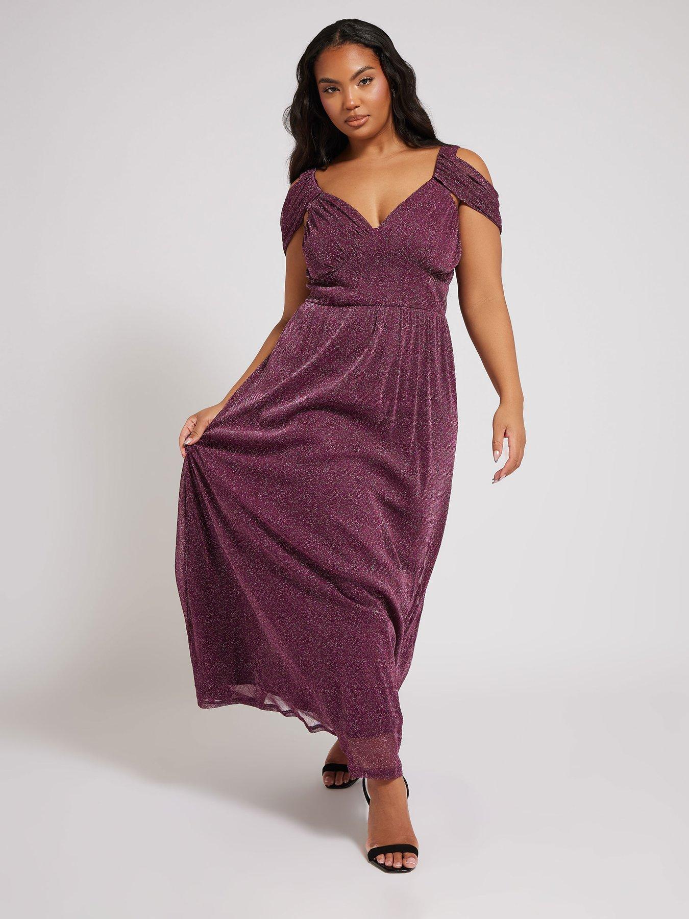 Yours Curve Metallic Mesh Cold Shoulder Dress - Purple | Very