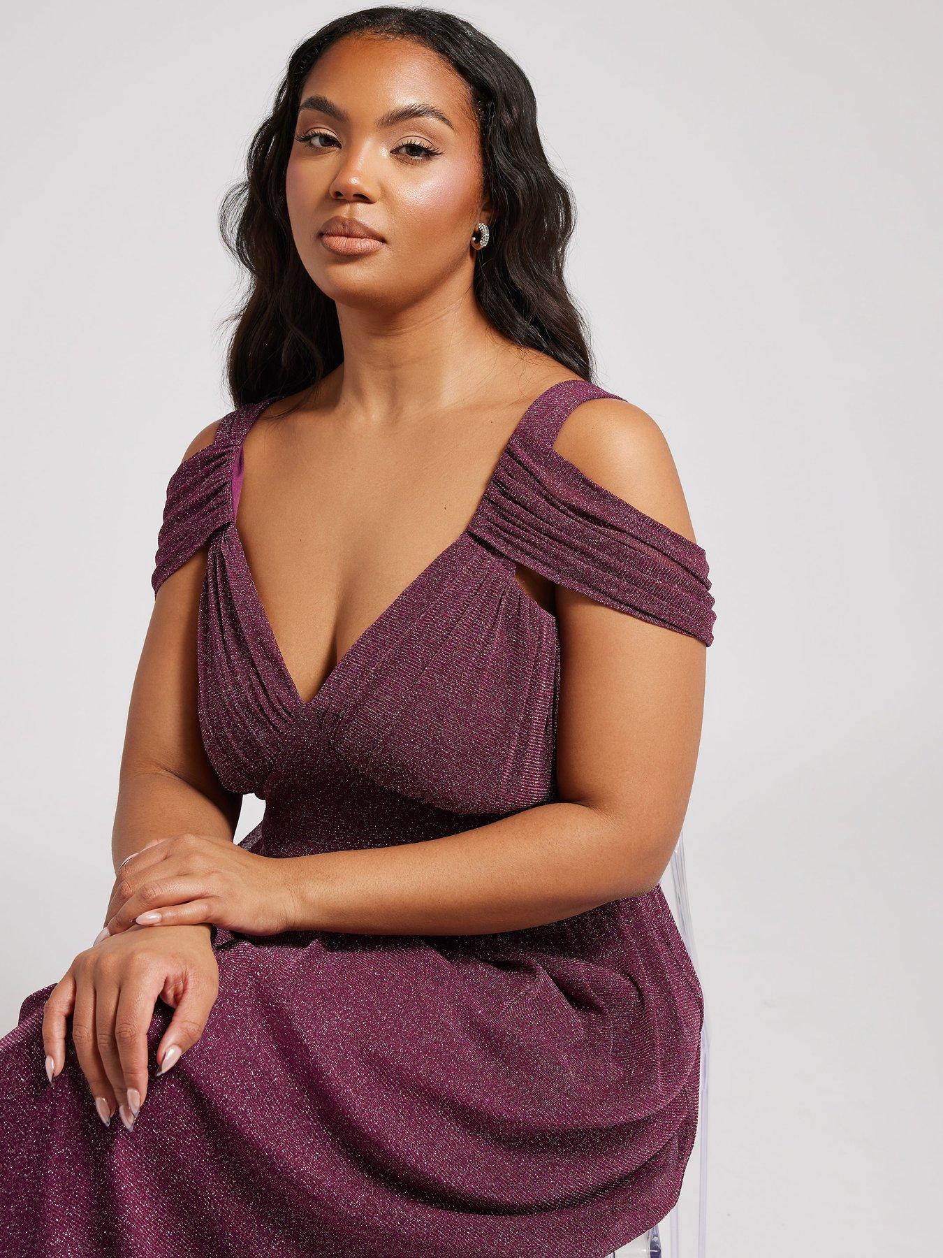 Yours Curve Metallic Mesh Cold Shoulder Dress - Purple | Very