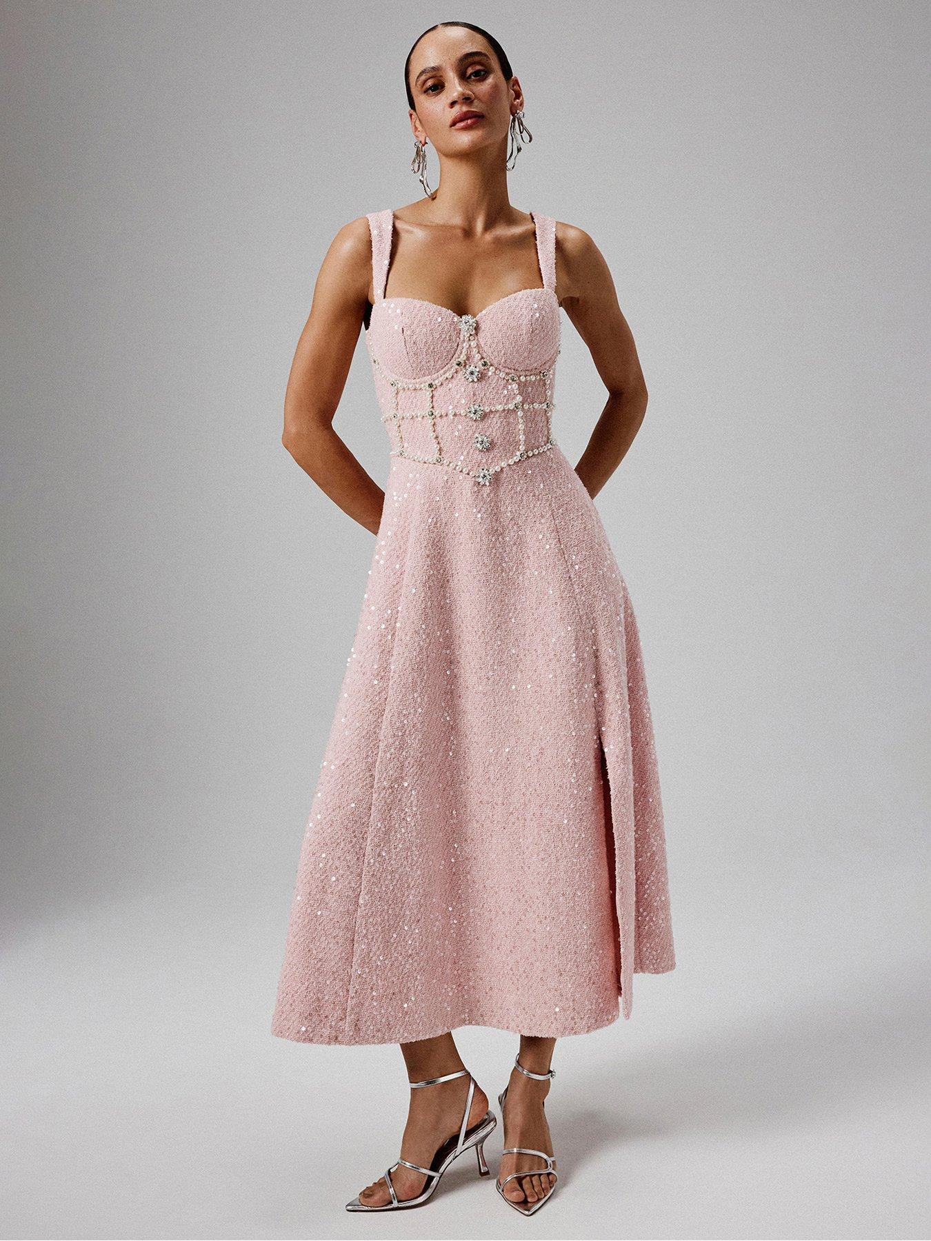 Lavish Alice Sequin Boucle A-line Pearl Embellished Midi Dress - Pink ...