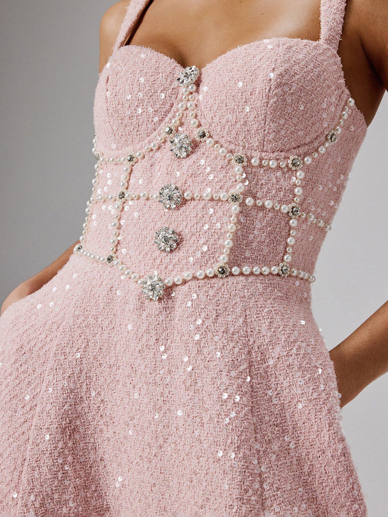 Lavish Alice Sequin Boucle A-line Pearl Embellished Midi Dress - Pink ...