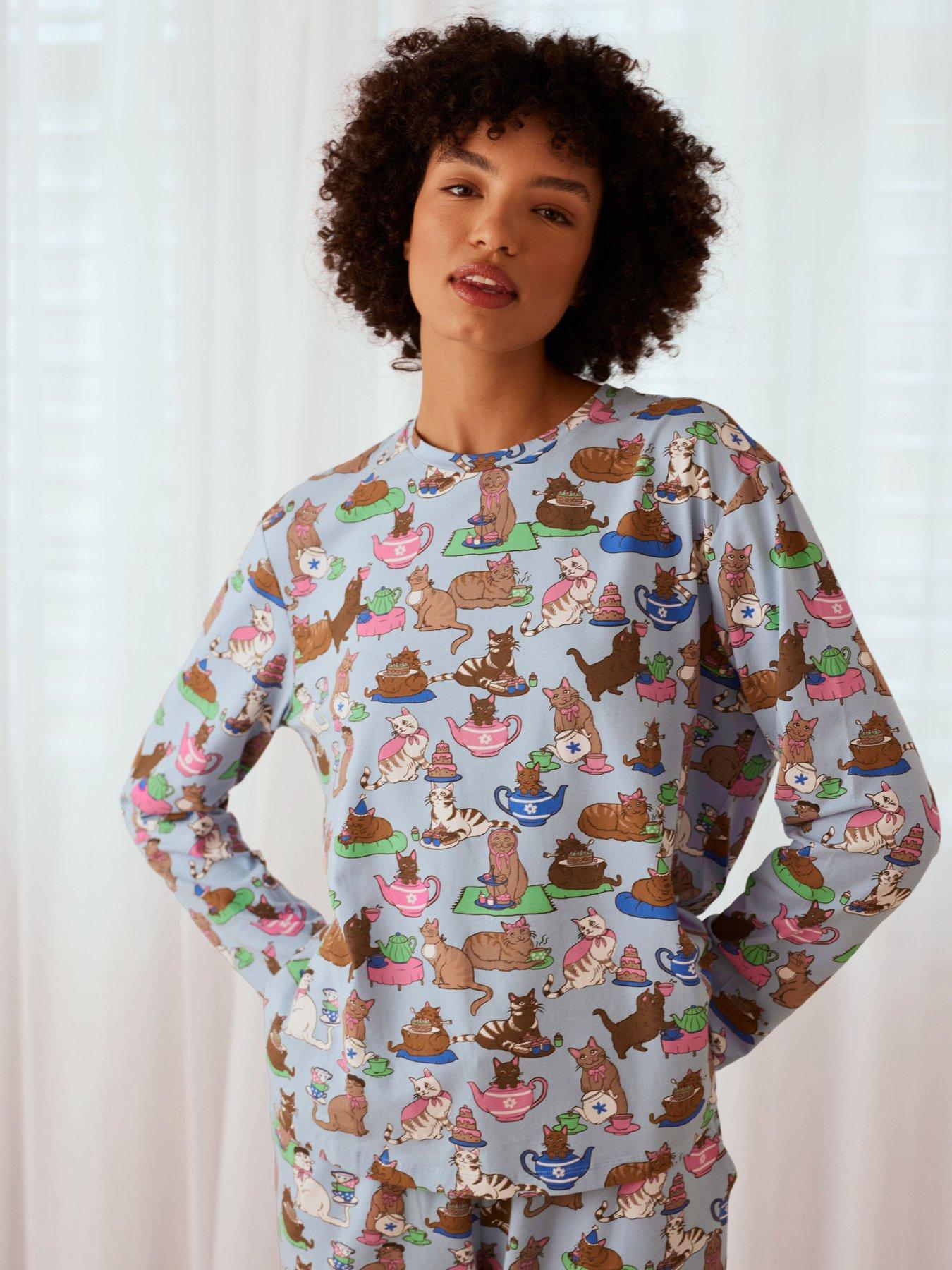 CHELSEA PEERS Tea Party Cats Printed Long Pyjama Set - Blue | Very