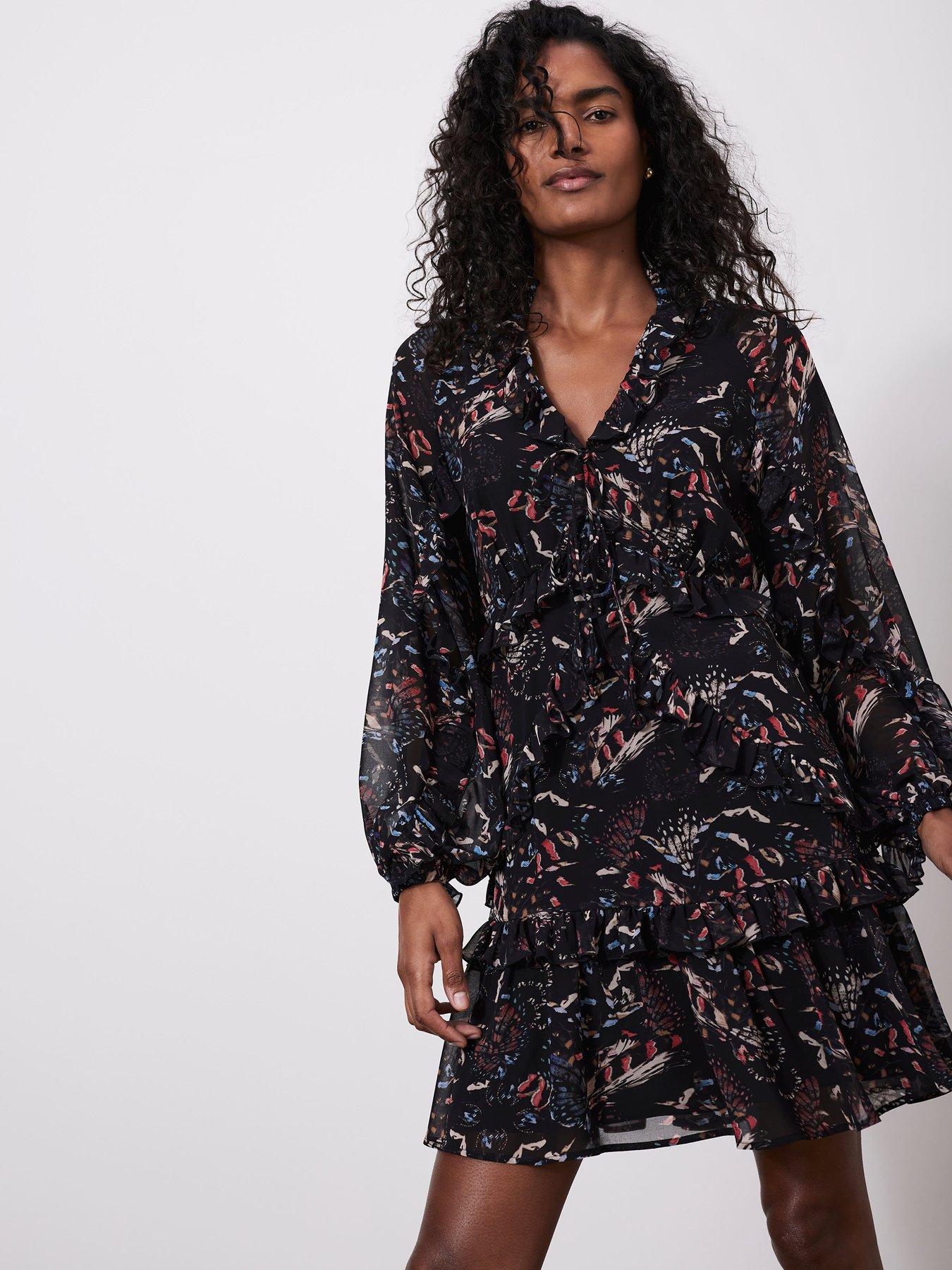 Mint Velvet Abstract Print Mini Dress - Black | Very