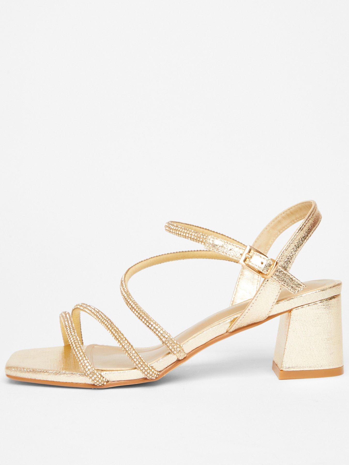 Quiz Wide Fit Gold Diamante Block Heels | Very