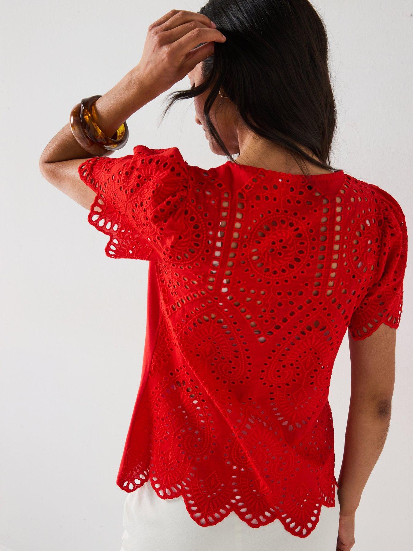 V by Very Broderie Back Scallop Sleeve Top - Red | Very
