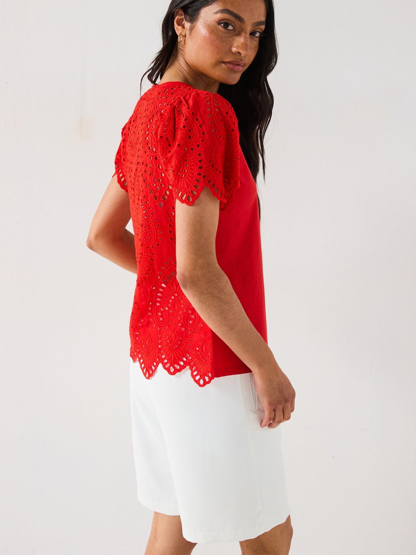 V by Very Broderie Back Scallop Sleeve Top - Red | Very